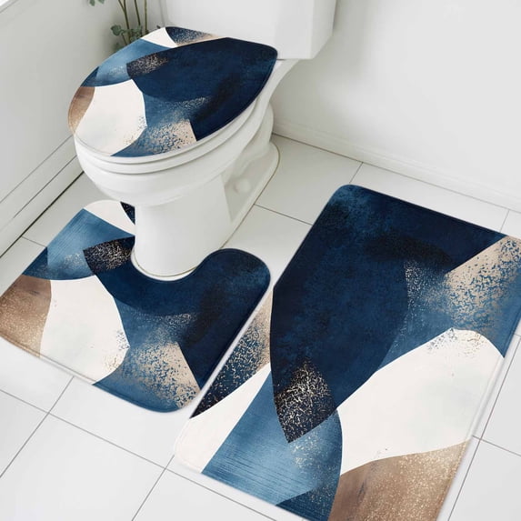 Abstract Geometric Bathroom Rugs Set Dynamic Blue Gold Art Non Slip ...