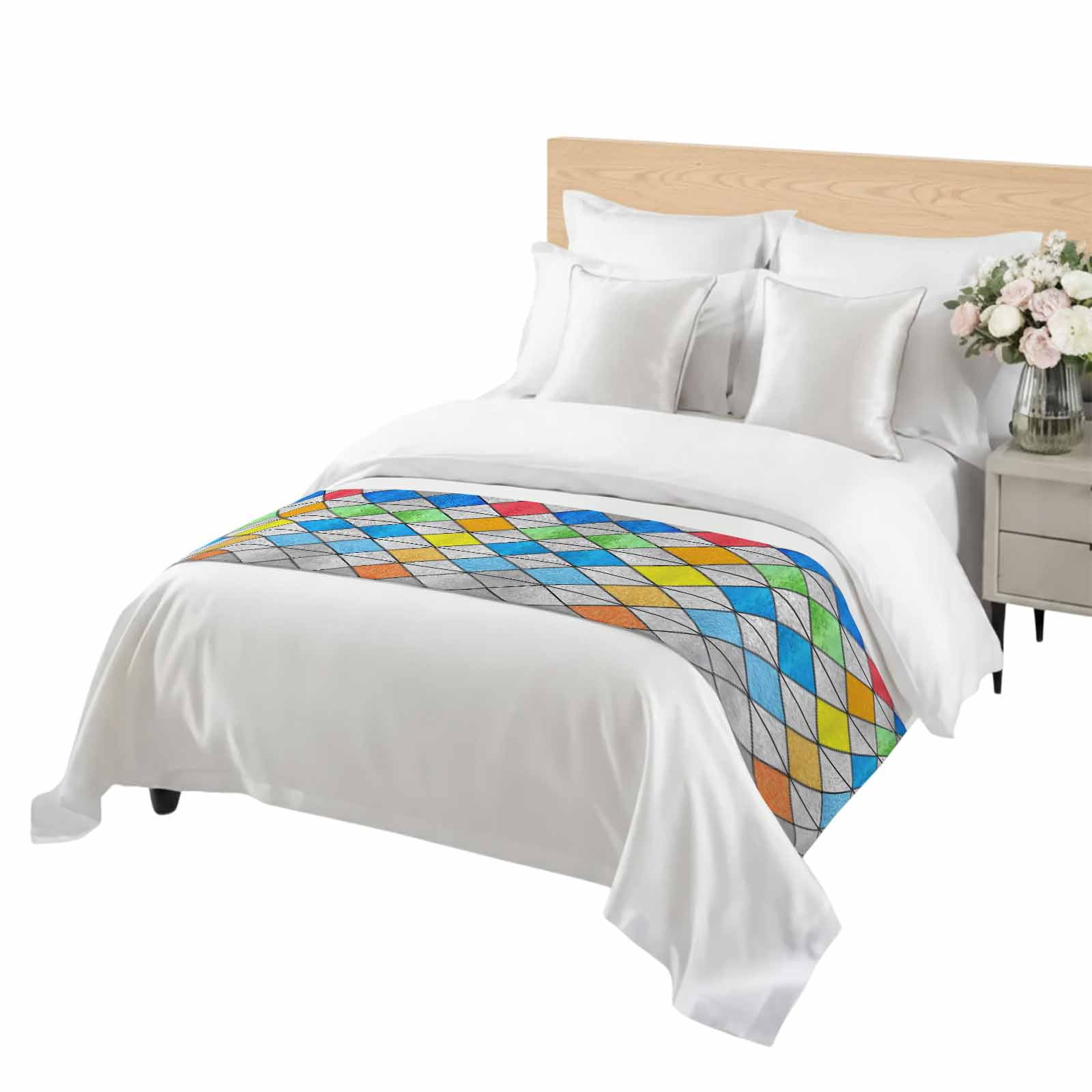 Abstract Geometric Bed Runner Queen Size Modern Rainbow Argyle Color ...
