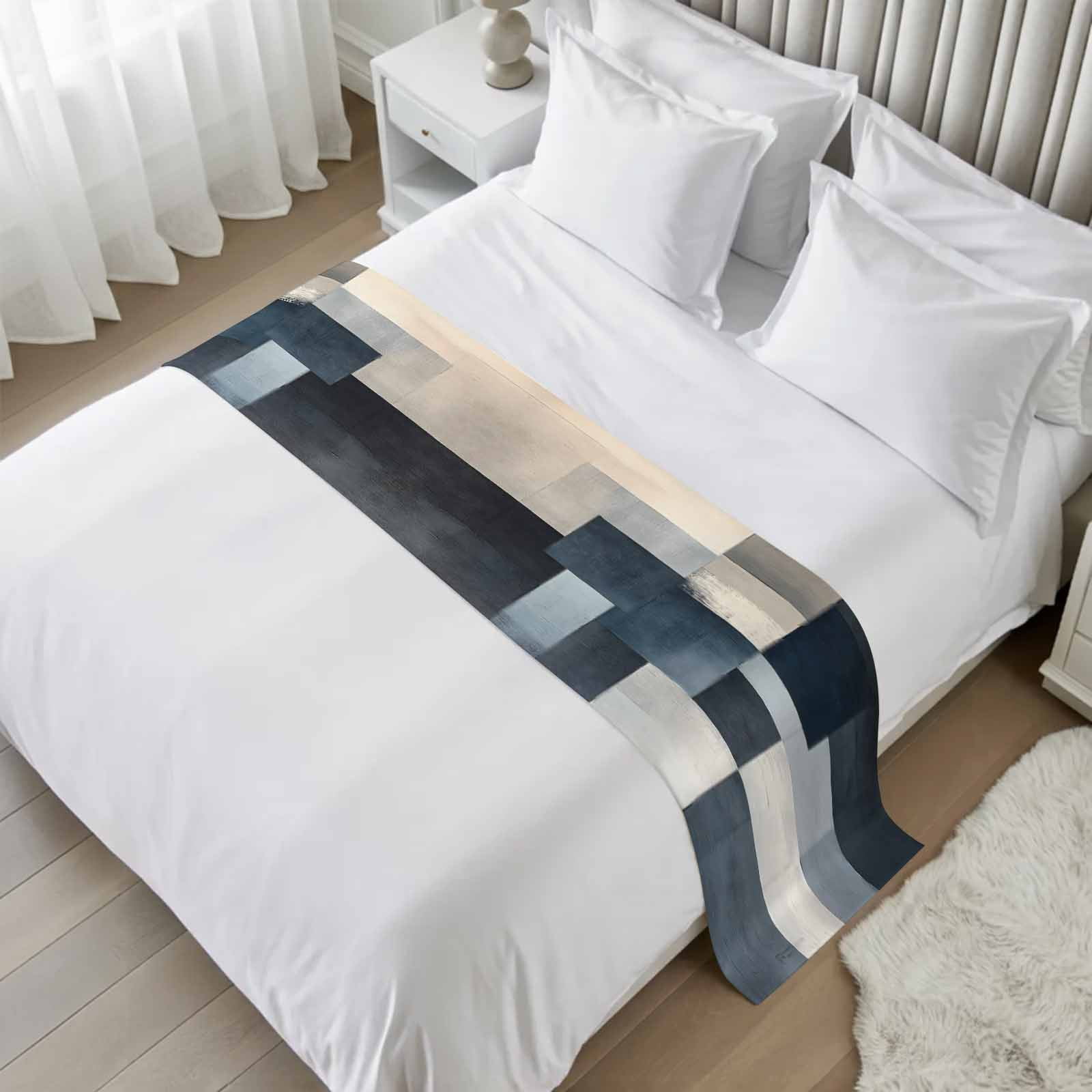 Abstract Geometric Bed Runner Scarf, Distressed Blue Black Grey Color ...