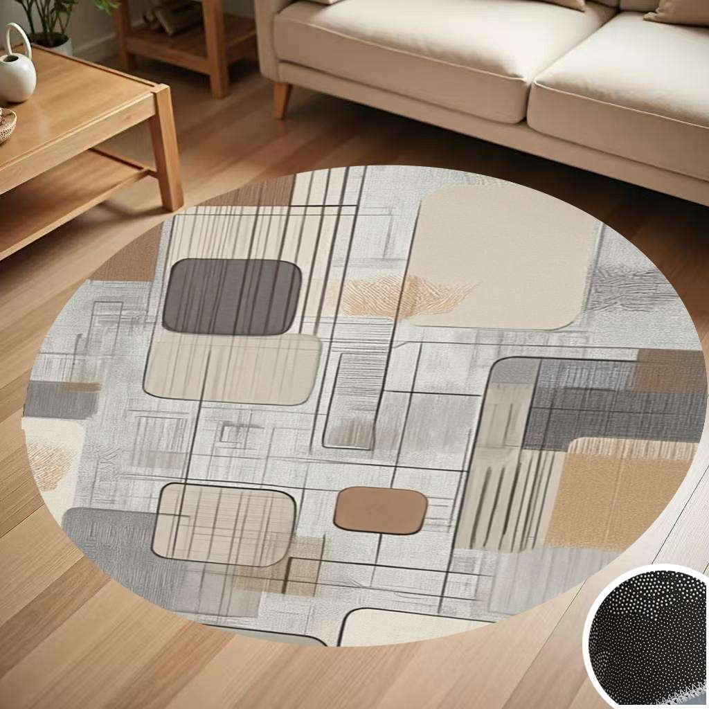 Abstract Geometric Beige Artwork Round Carpet Living Room Bedroom Home ...