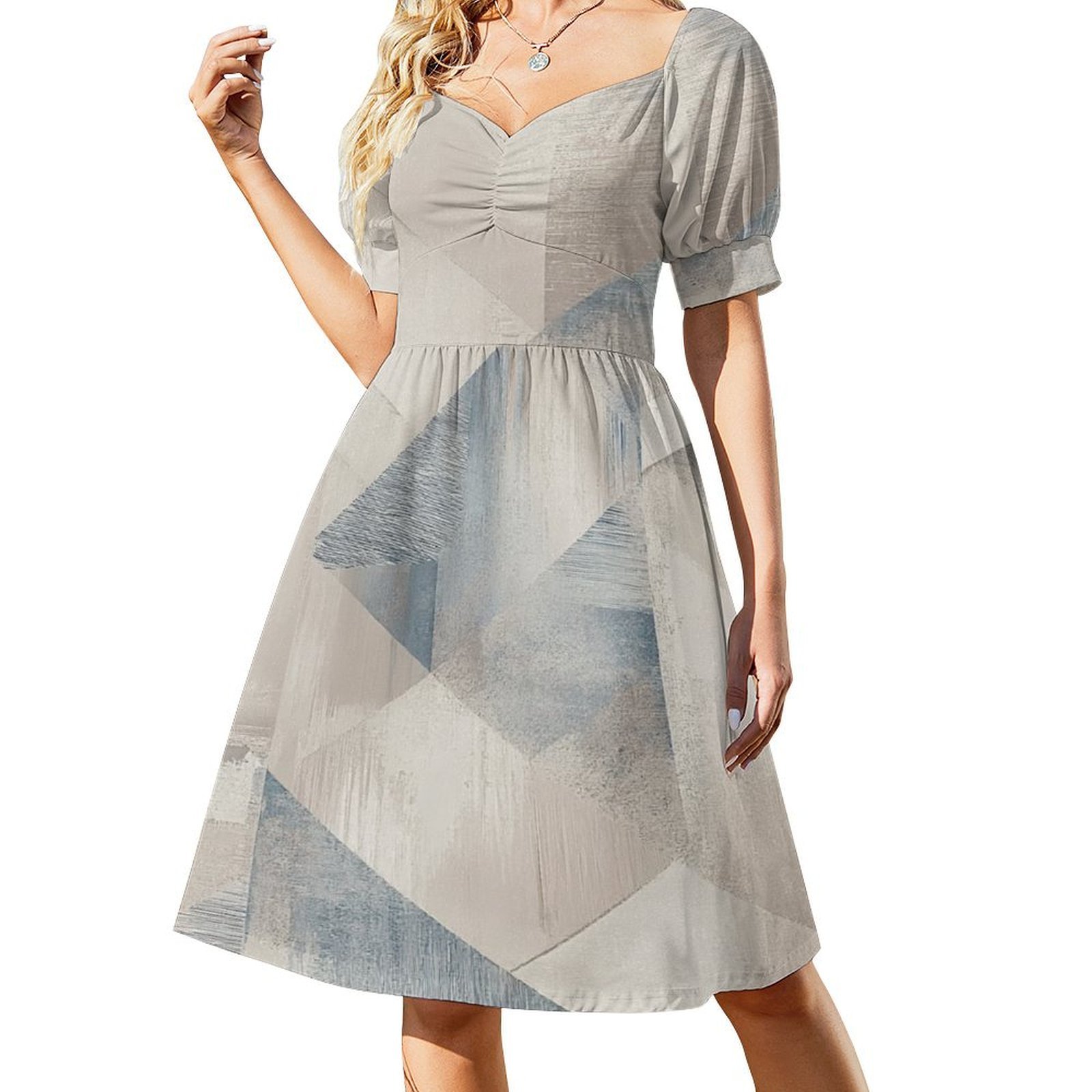 Abstract Geometric Beige Design Short Sleeve Dress Clothes Women's ...