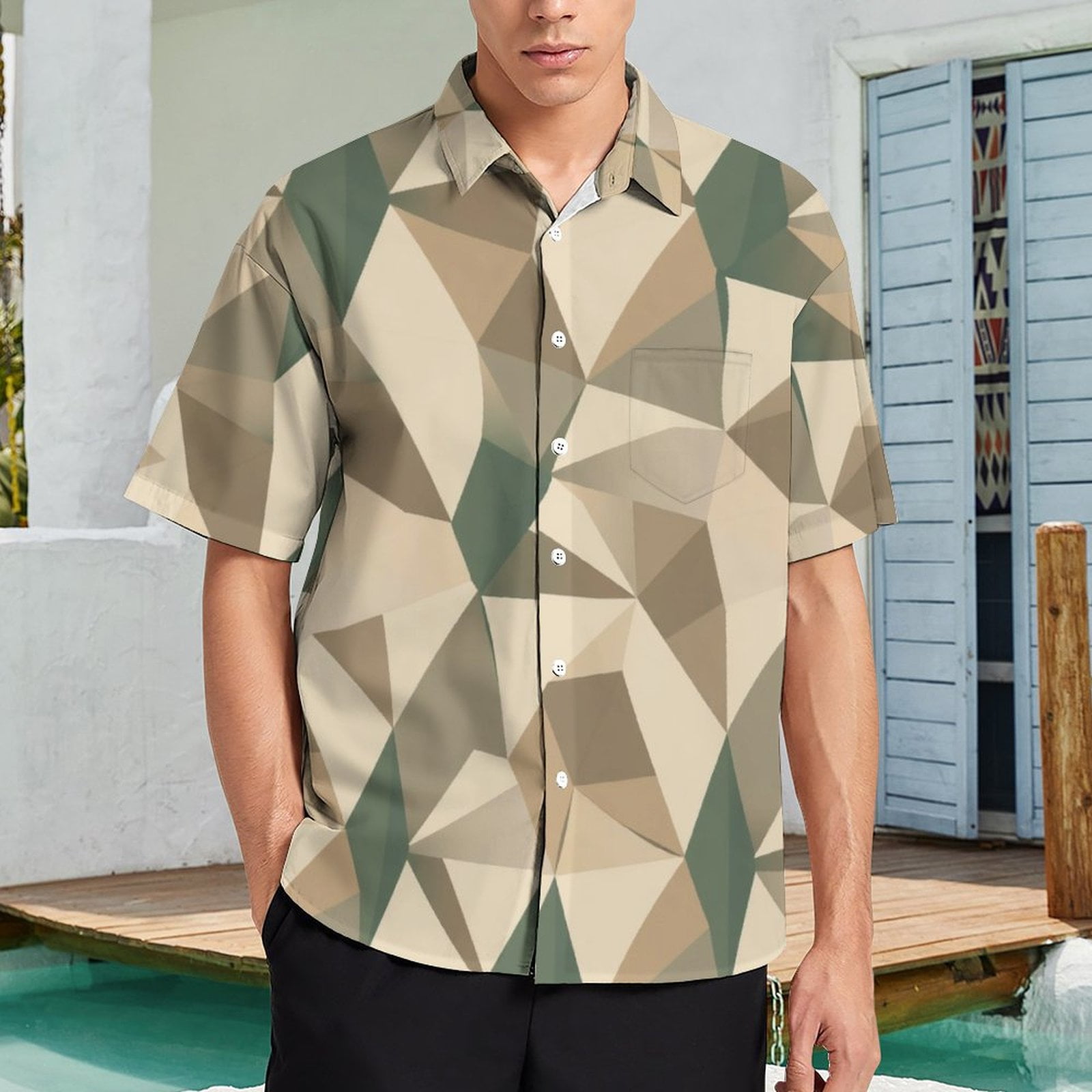 Abstract Geometric Beige Green PatternLoose Shirt Male Vacation Field with Irises Casual Shirts ...
