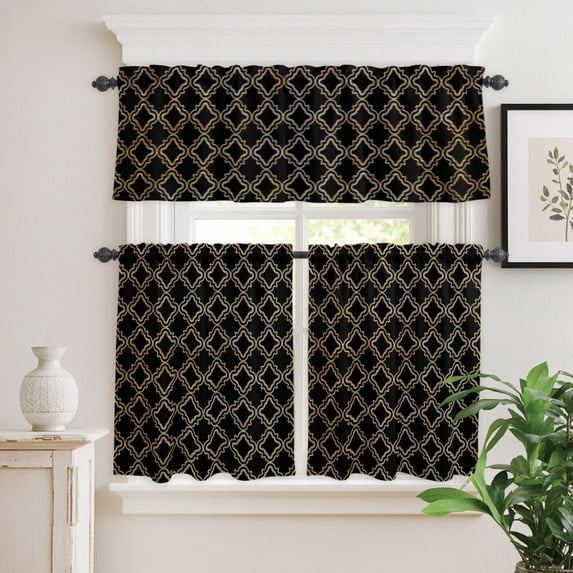 Abstract Geometric on Black Curtain Tier and Valance Set 3 Piece ...