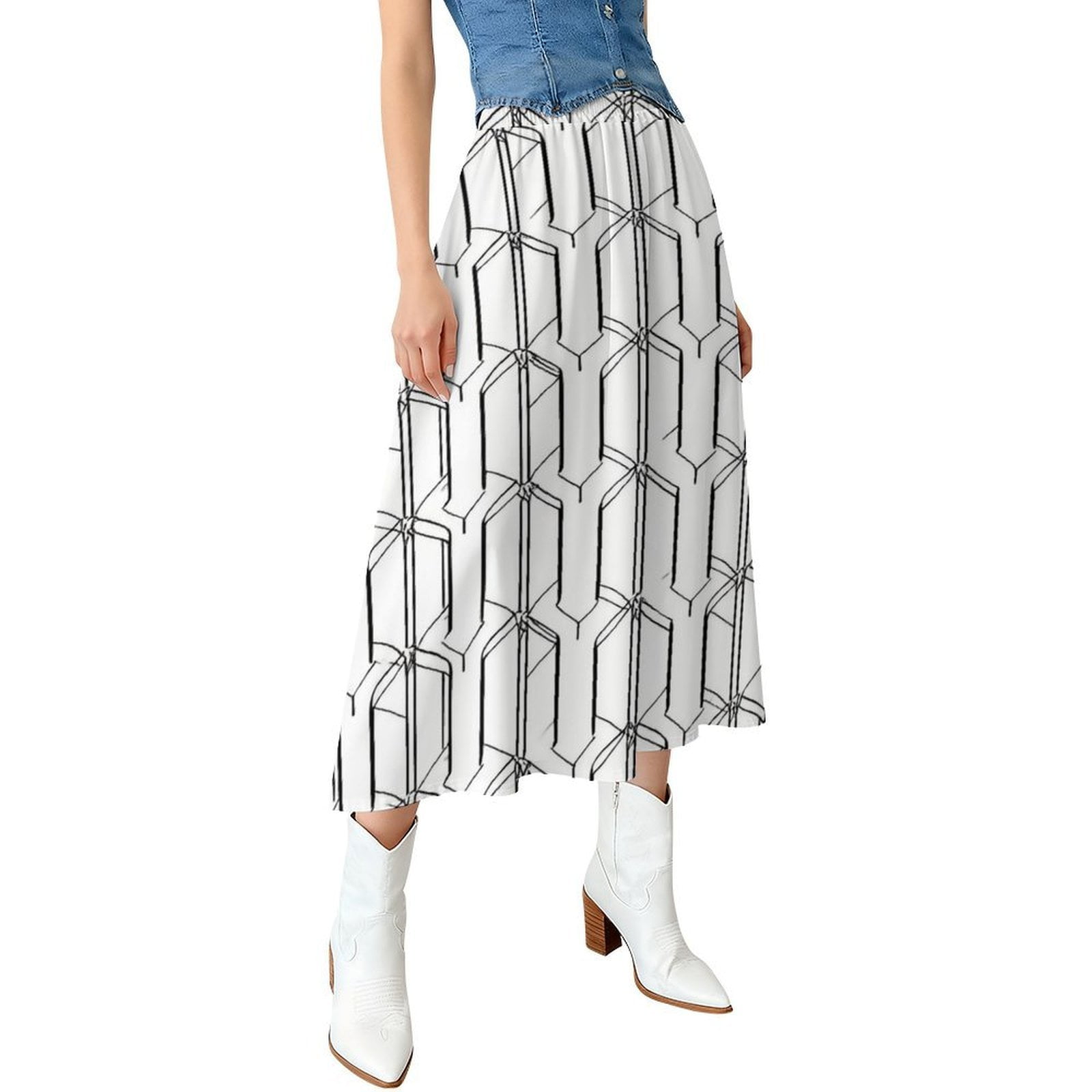 Abstract Geometric Black Design Women High Waist Midi Skirt Elegant ...