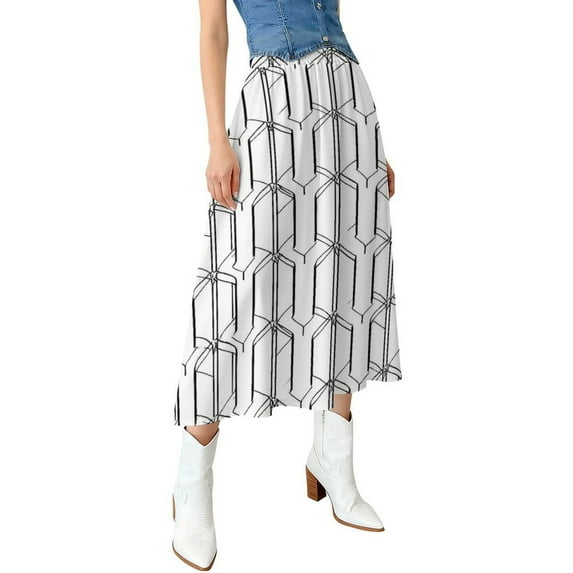 Abstract Geometric Black Design Women High Waist Midi Skirt Elegant ...