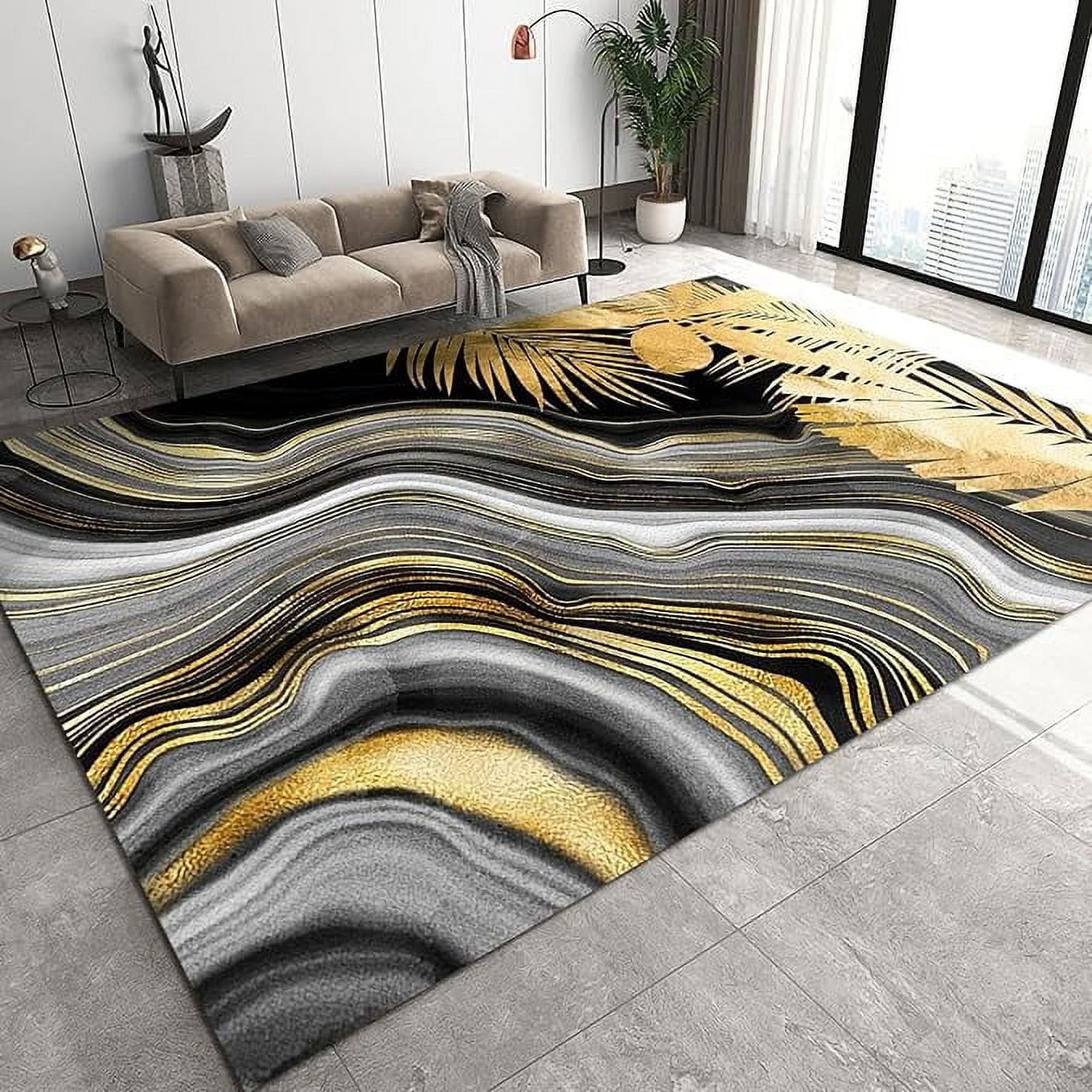 Abstract Geometric Black Gold Marble Texture Area Rug, Light Luxury ...
