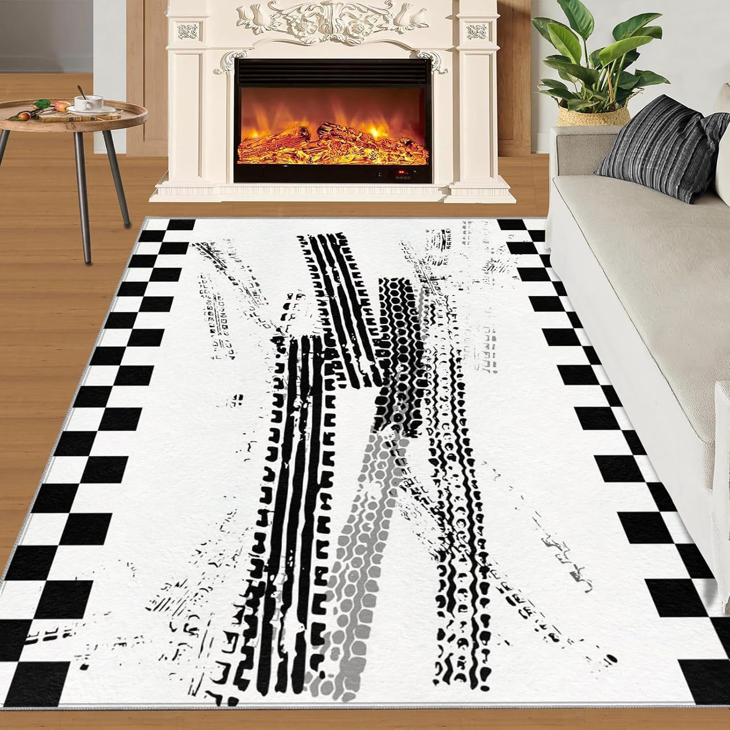 Abstract Geometric Black Tire Tracks Race Car Rug， Black White Plaid ...