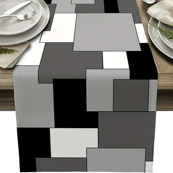 Abstract Geometric Black White Grey Color Block Linen Table Runners ...