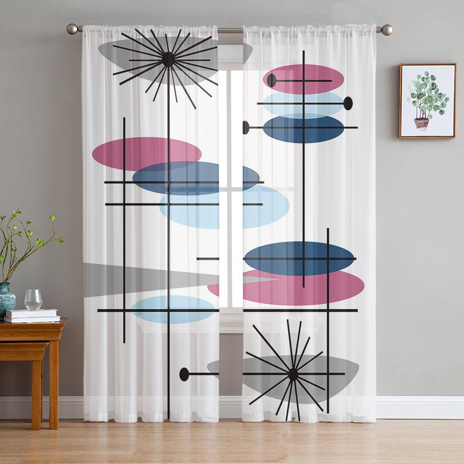 Abstract Geometric Black Yellow Tulle Sheer Curtain for Living Room ...