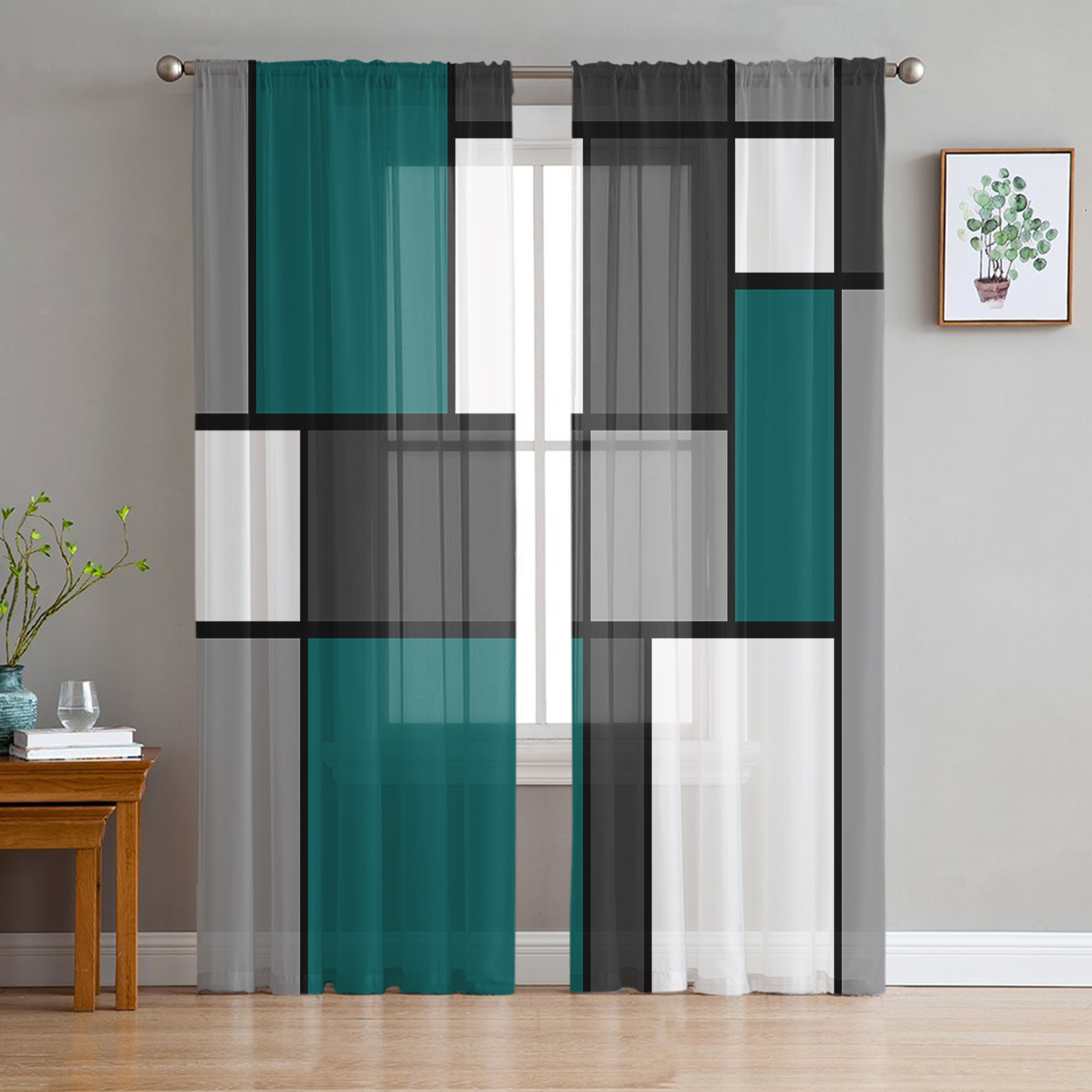 Abstract Geometric Black Yellow Tulle Sheer Curtain for Living Room ...