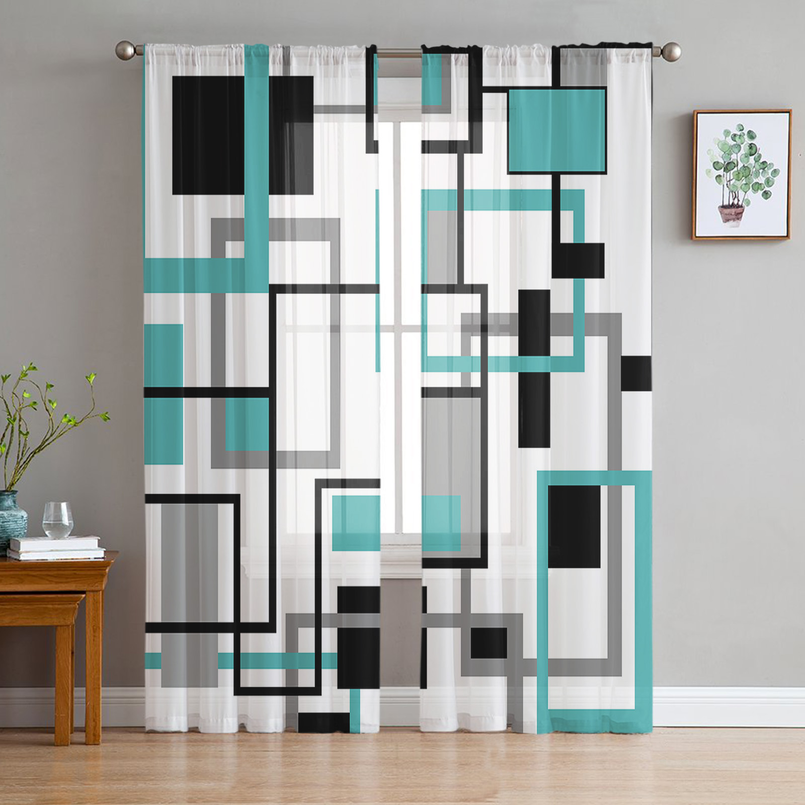 Abstract Geometric Black Yellow Tulle Sheer Curtain for Living Room ...