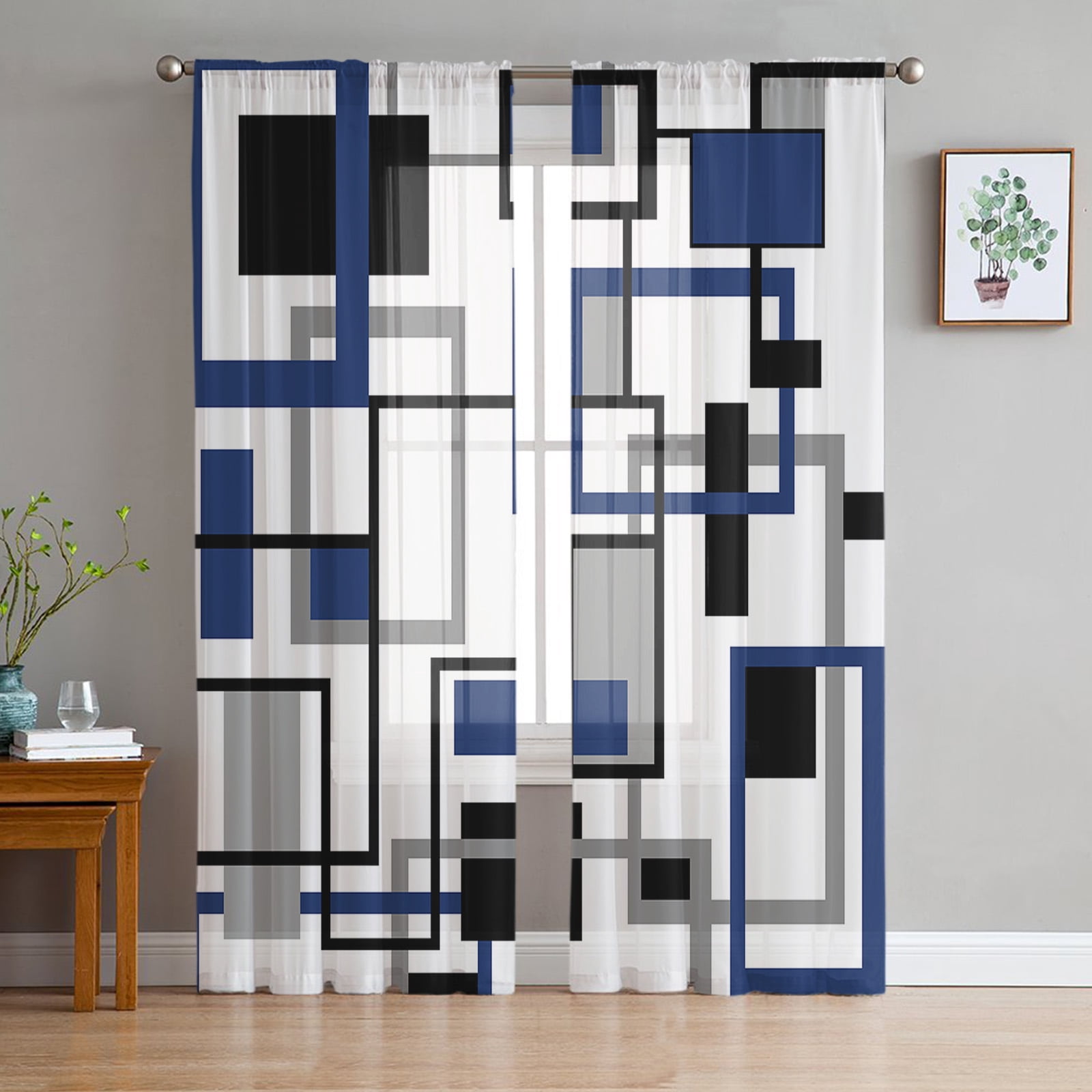 Abstract Geometric Black Yellow Tulle Sheer Curtain for Living Room ...