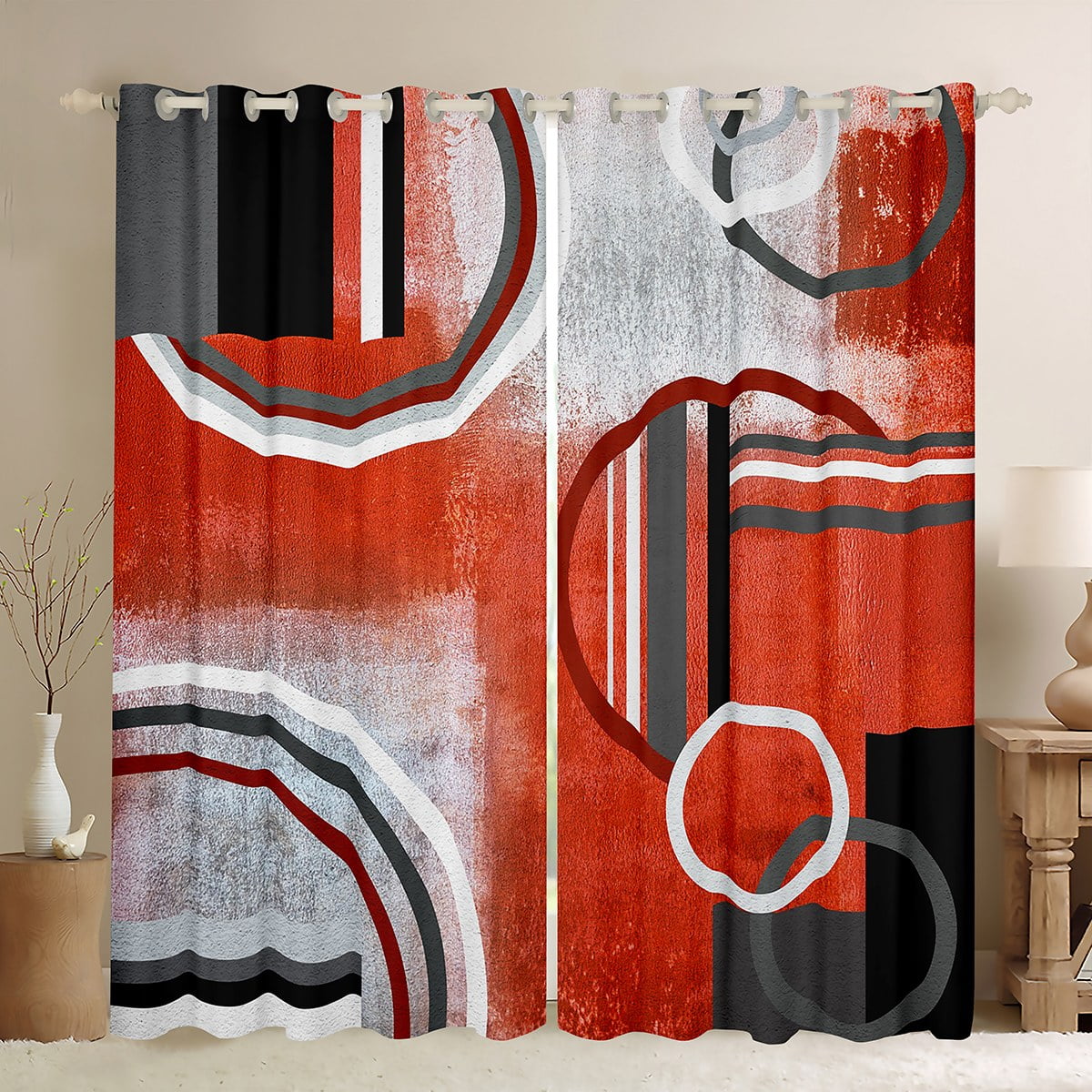 Abstract Geometric Blackout Curtains,Red Black Gray Curtains for Kids ...