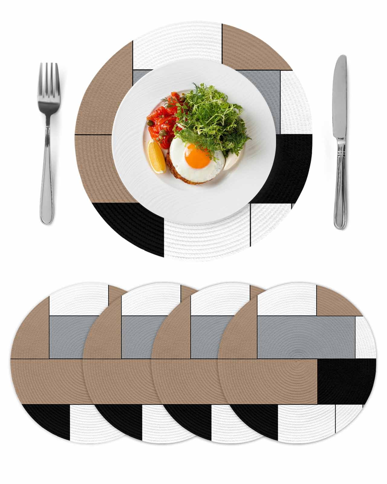 Abstract Geometric Block Pattern Round Table Placemats set of 4, Brown ...