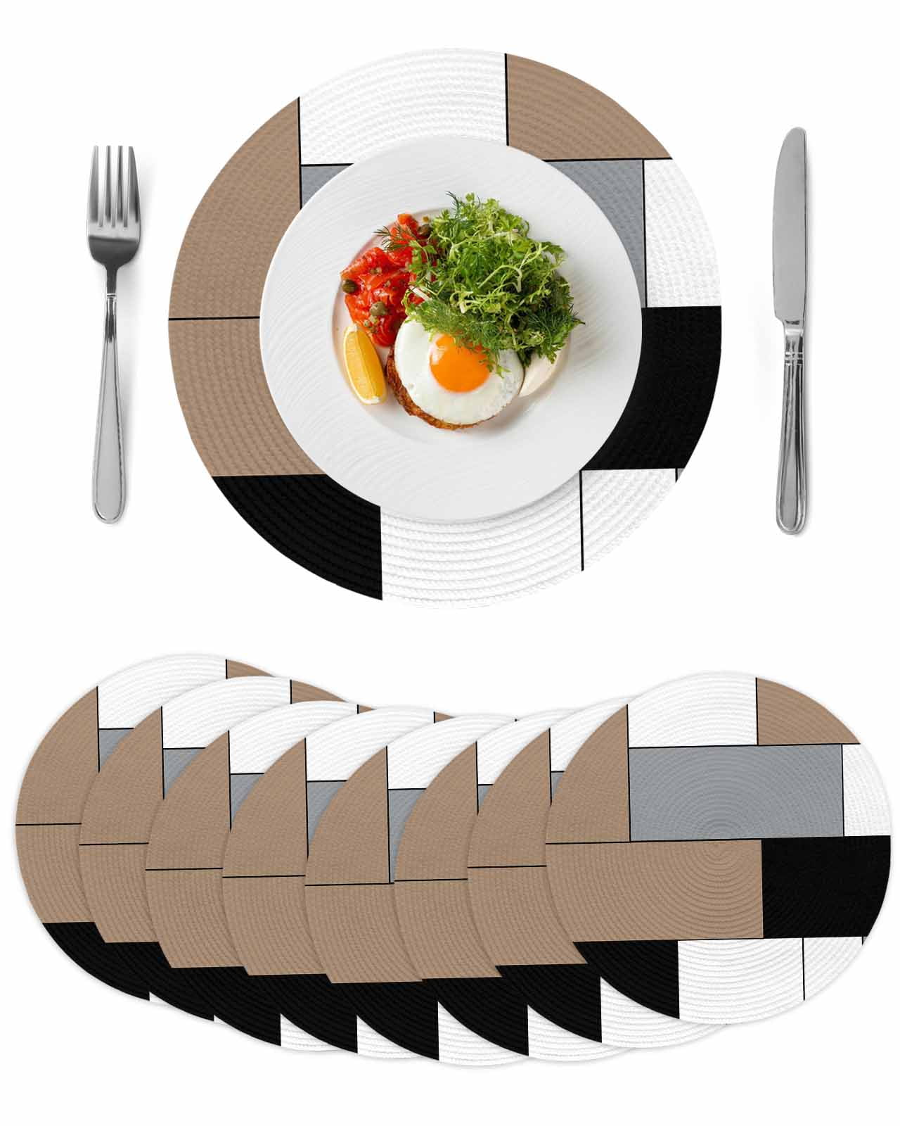 Abstract Geometric Block Pattern Round Table Placemats set of 8, Brown ...