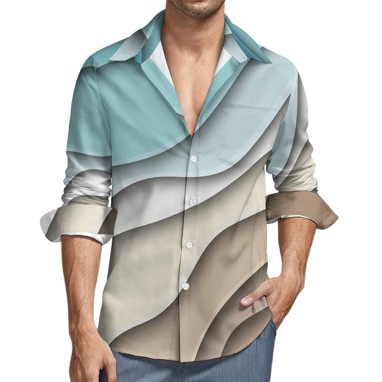 Abstract Geometric Blue Brown Gradient Hawaiian Shirt for Men Long ...