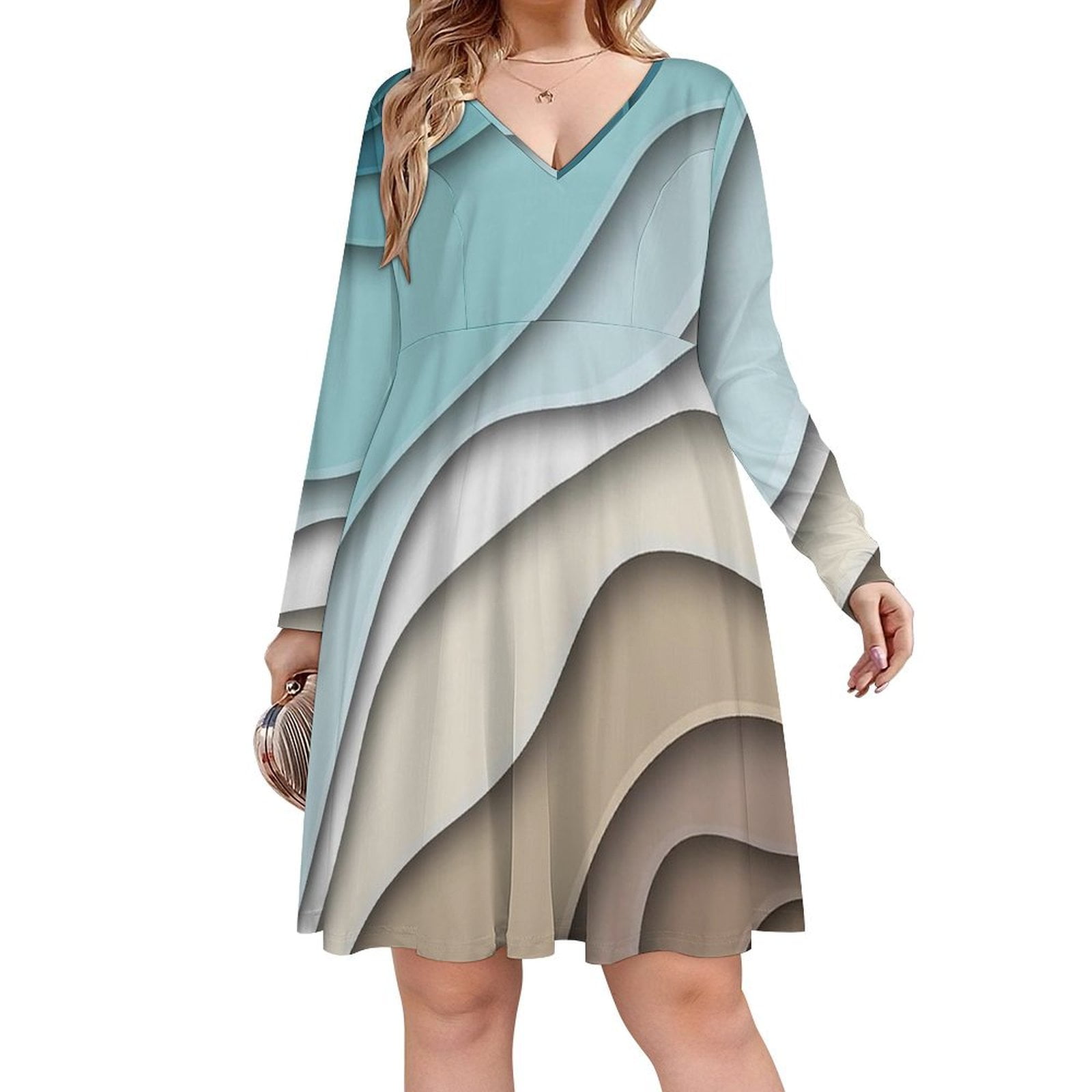 Abstract Geometric Blue Brown Gradient Long Sleeve Dresses For Women ...
