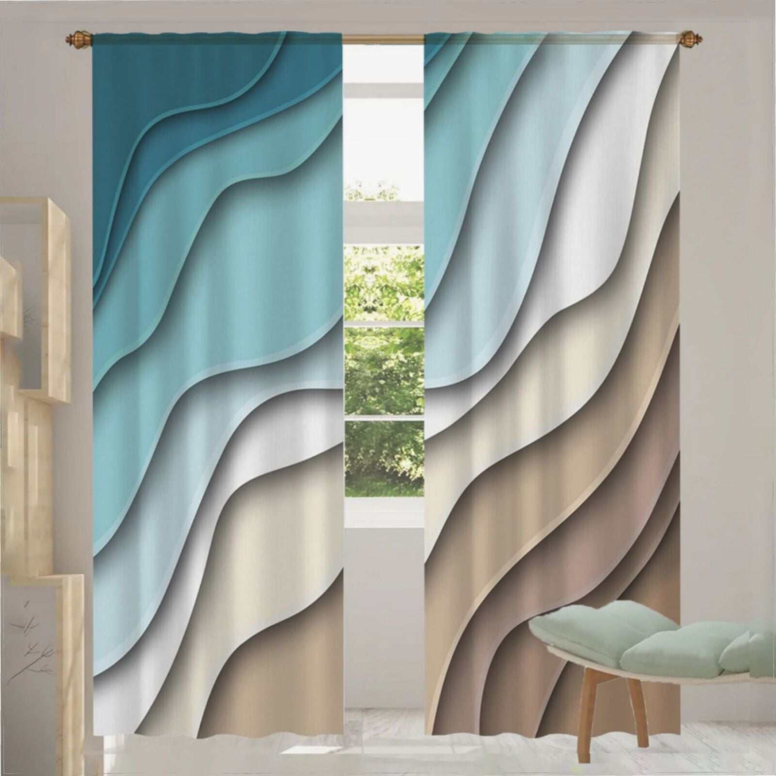 Abstract Geometric Blue Brown Gradient Window Tulle Curtains for Living ...