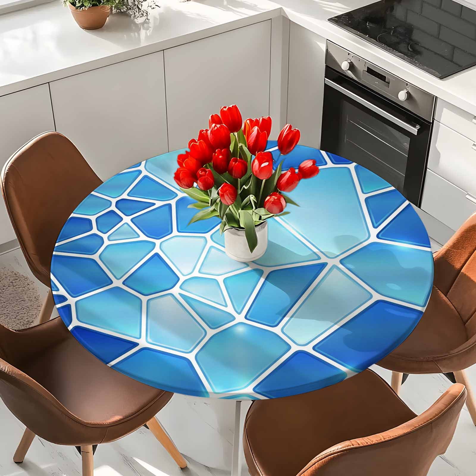 Abstract Geometric Blue Ombre Round Fitted Tablecloth with Elastic Edge ...
