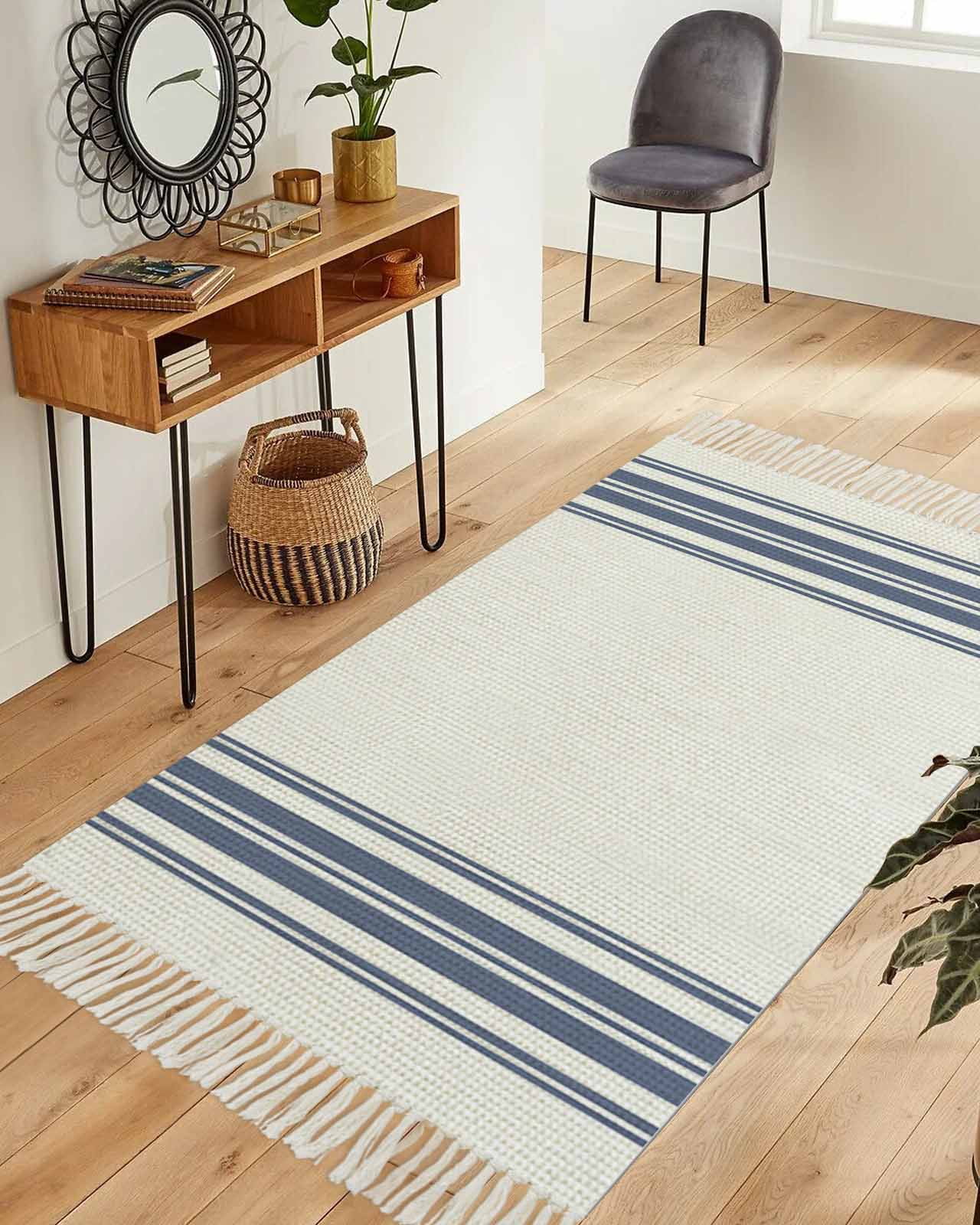Abstract Geometric Blue Stripe,Area Rug 3x5ft Woven Runner Rug,White ...