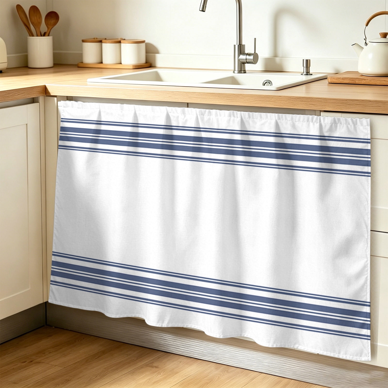 Abstract Geometric Blue Stripe, Cabinet Curtains for Shelves, White ...