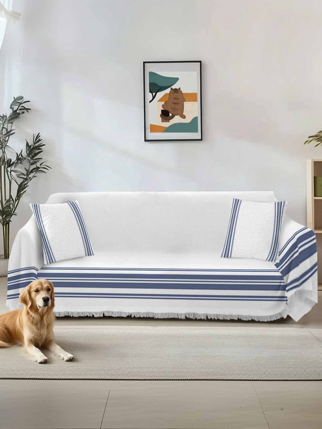 Abstract Geometric Blue Stripe, Couch Cover for 2 Cushion Couch, White ...