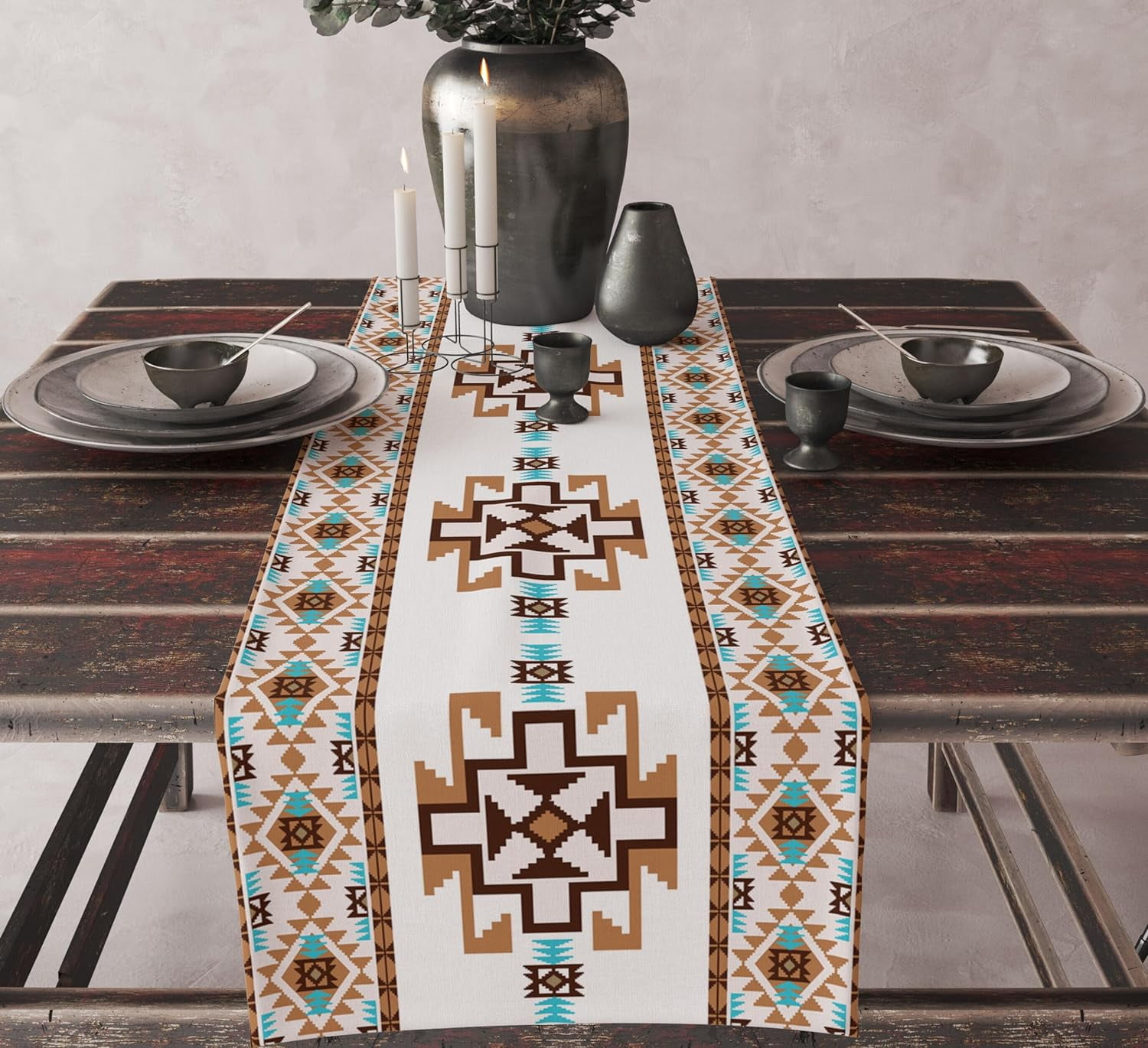 Abstract Geometric Boho Aztec Linen Table Runner Dresser Scarf r ...