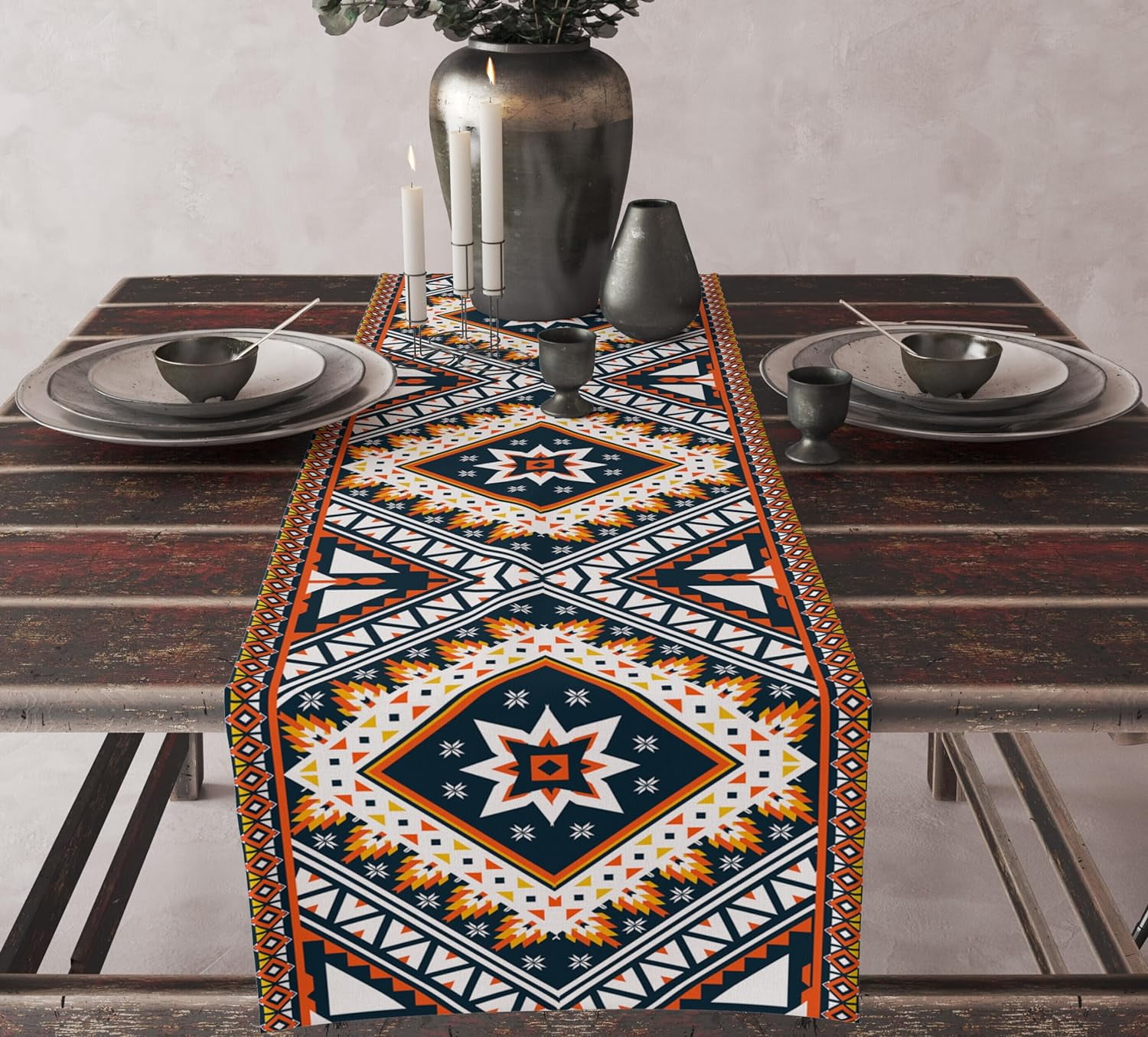 Abstract Geometric Boho Aztec Linen Table Runner Dresser Scarf r ...