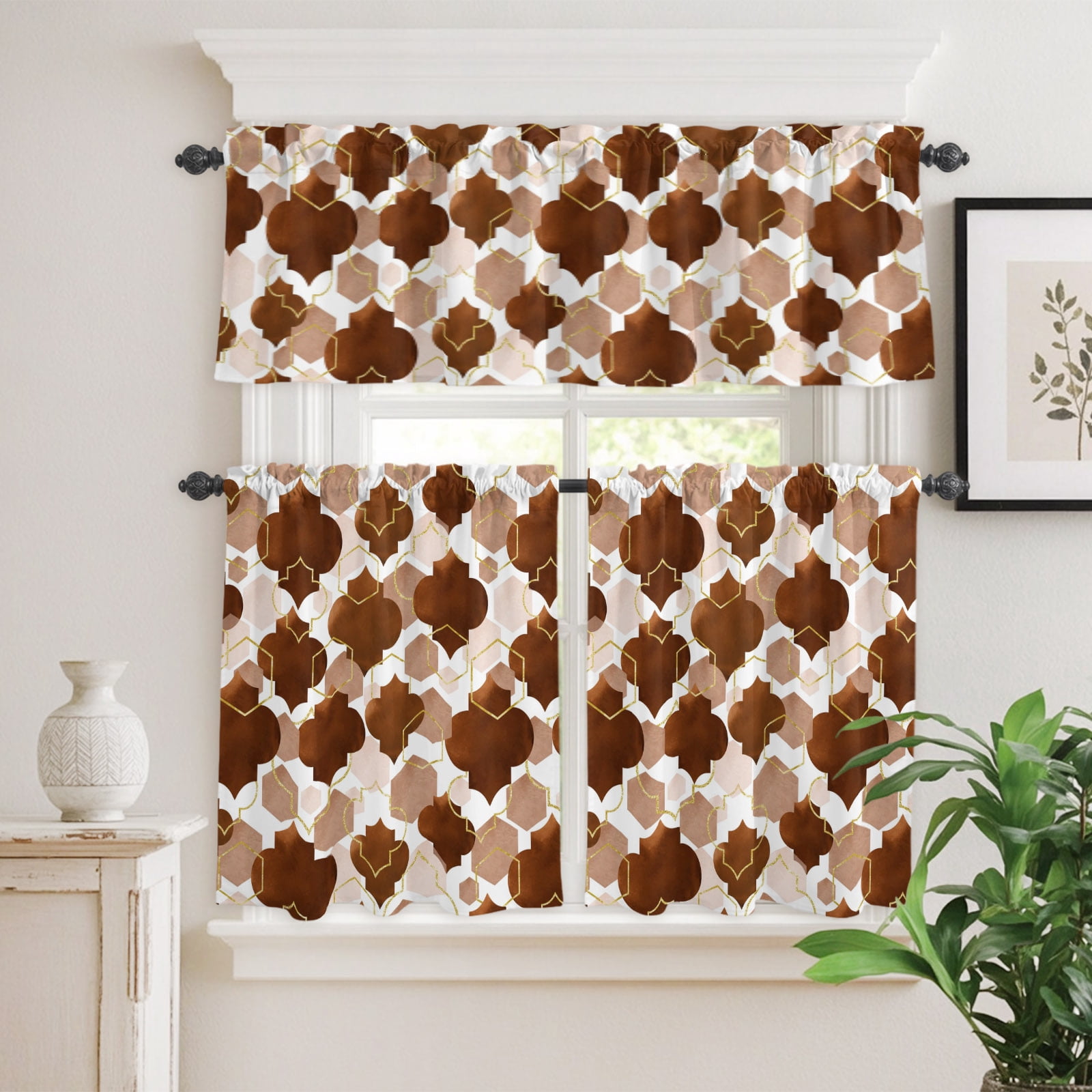 Abstract Geometric Brown Lattice Curtain Tier and Valance Set 3 Piece ...