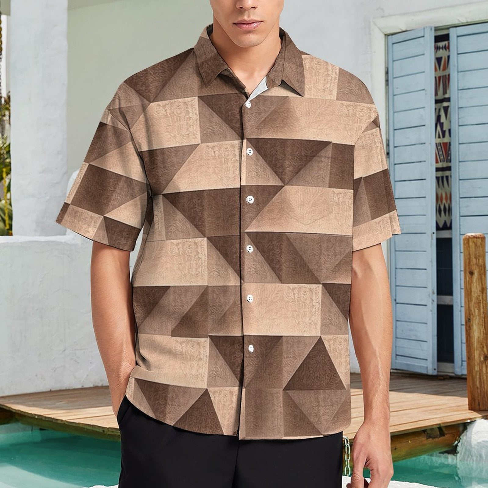 Abstract Geometric Brown Wood Texture Pattern Male Retro Print Casual ...