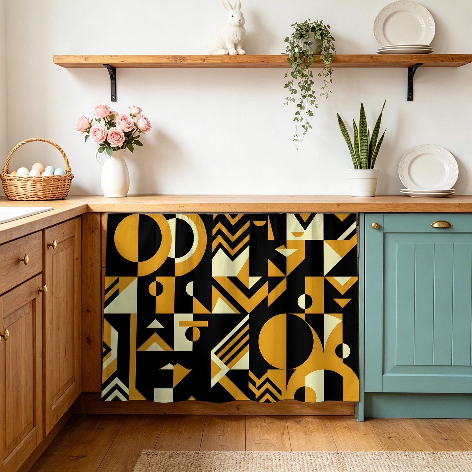 Abstract Geometric Cabinet Curtains 11" W x 13" L, Yellow Bold Shapes ...
