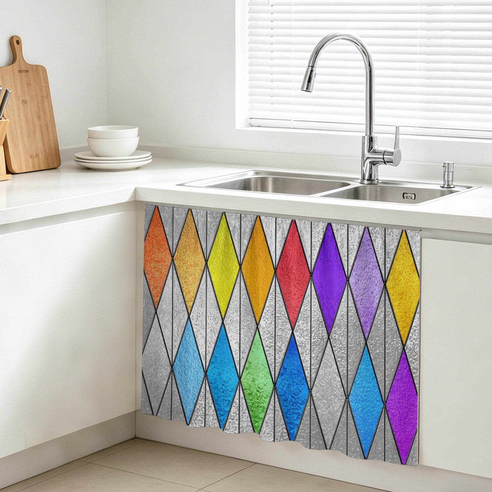 Abstract Geometric Cabinet Curtains 28" W x 35" L, Modern Rainbow ...