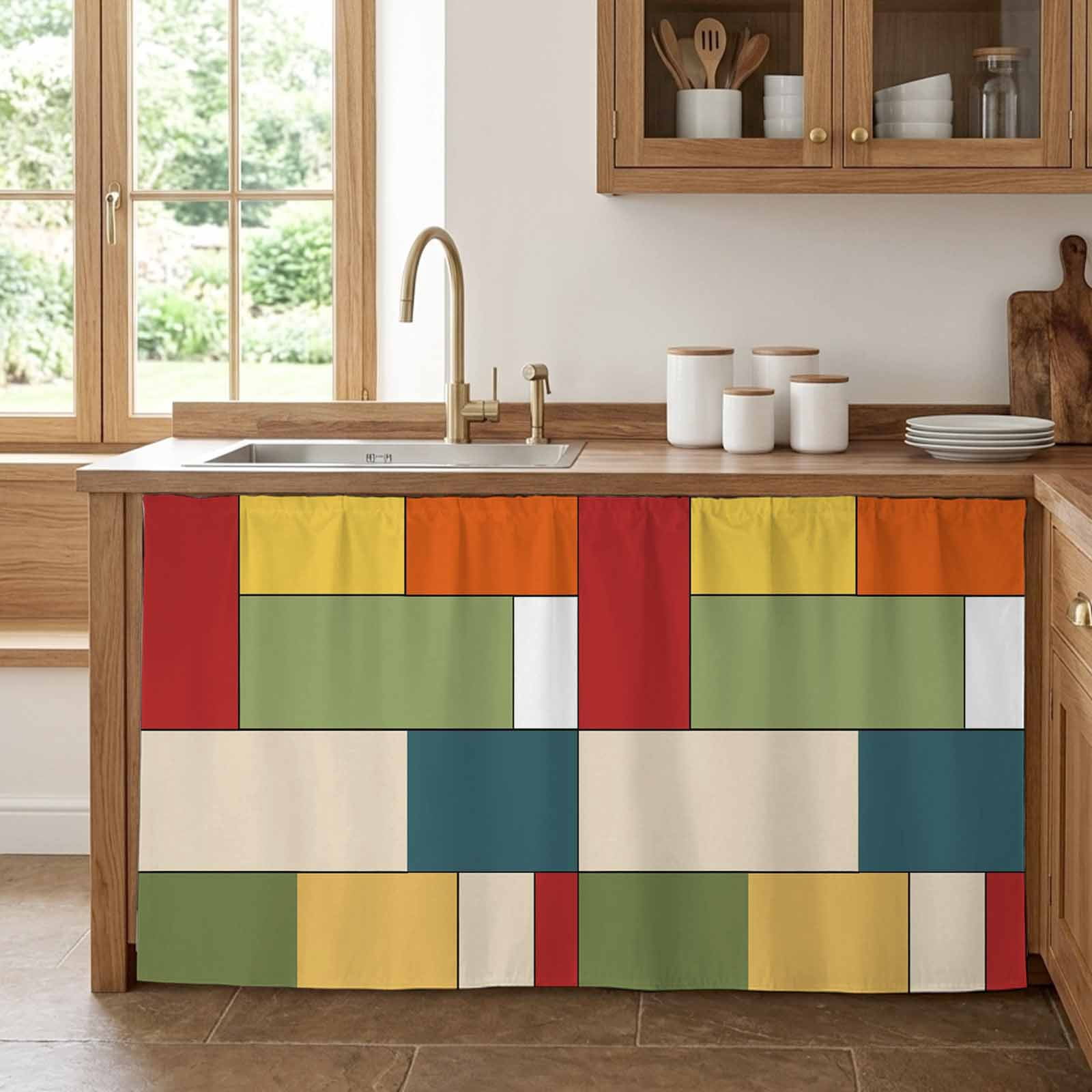 Abstract Geometric Cabinet Curtains 28" W x 51" L Colorful Color Block ...