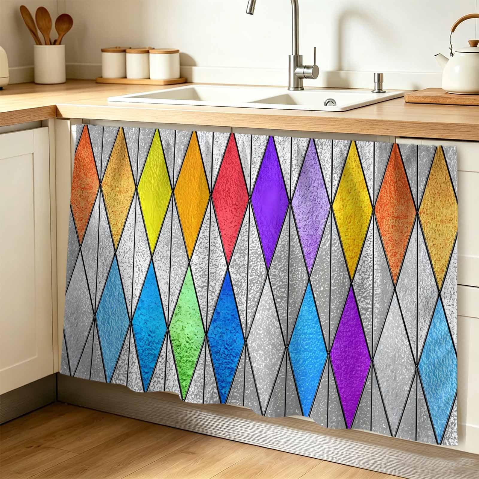 Abstract Geometric Cabinet Curtains for Shelves, Watercolor Rhombus ...