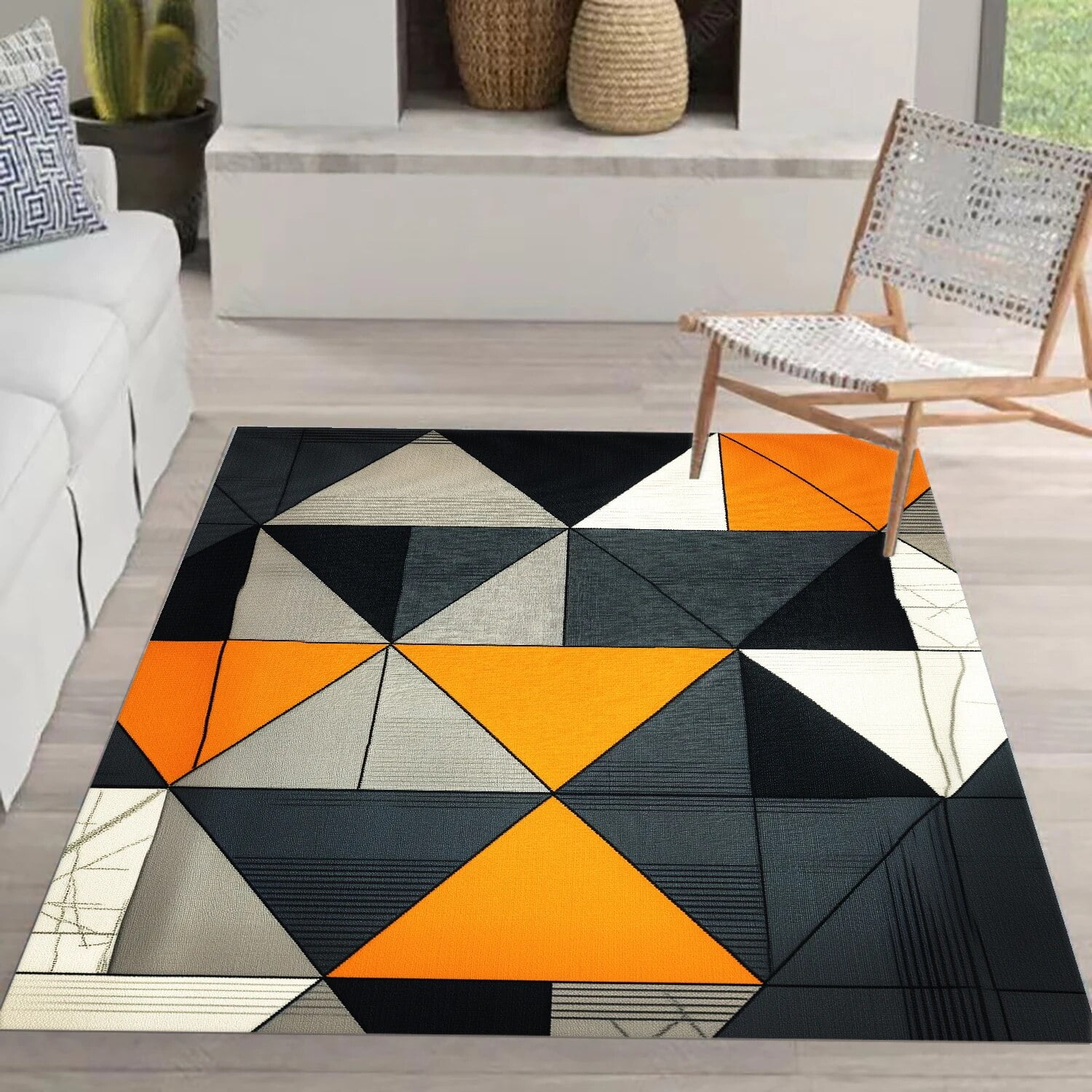 Abstract Geometric Carpet for Living Room Orange Sofa Coffee Table ...