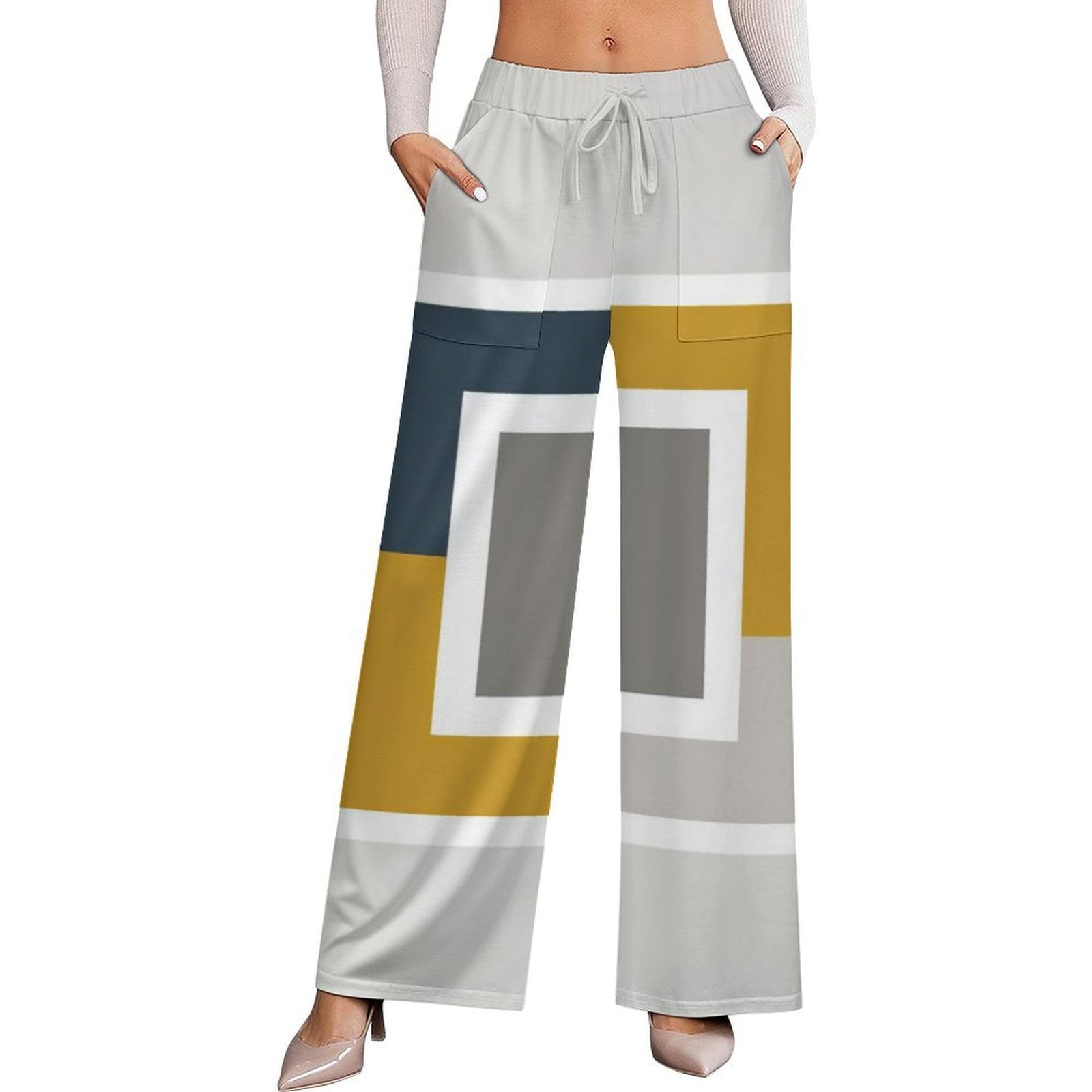 Abstract Geometric Color Block Art Women's Casual Wide Leg Pants ...