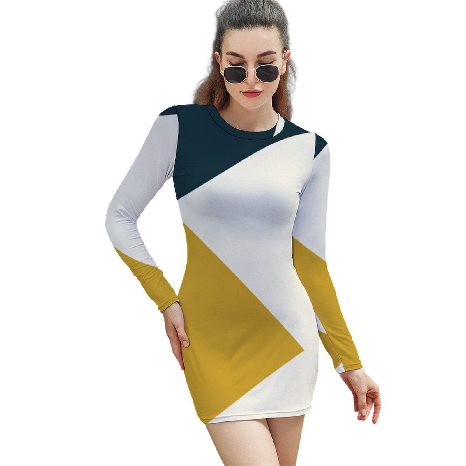 Abstract Geometric Color Block Art Women's Long Sleeve Bodycon Dress ...