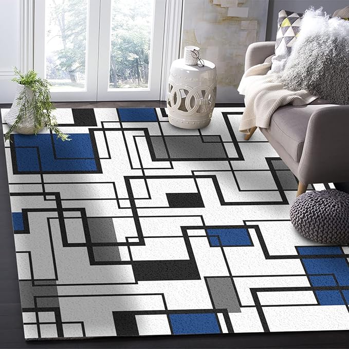 Abstract Geometric Color Block Blue Black Gray Area Rug, Living Room ...