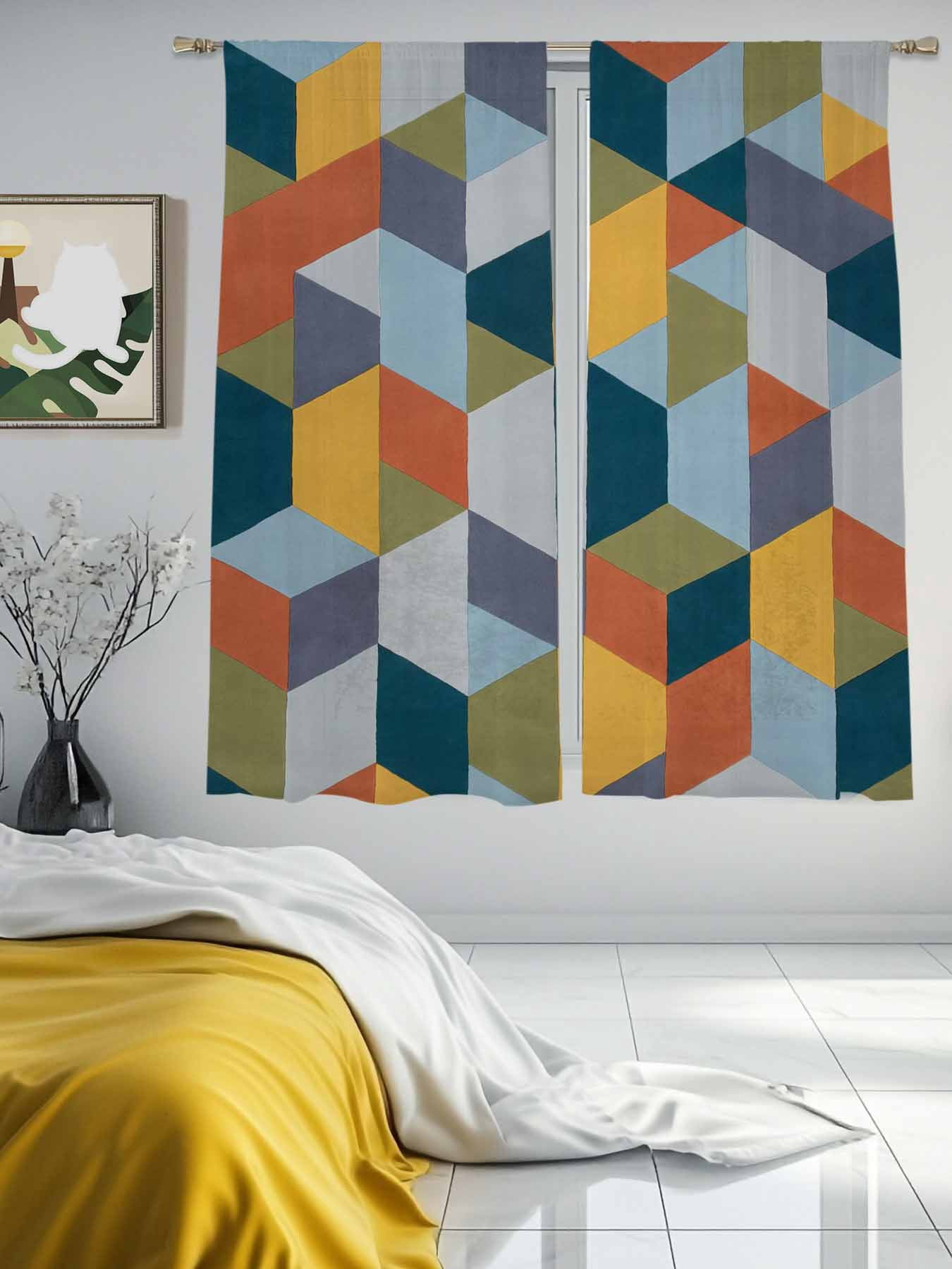 Abstract Geometric Color Block Chiffon Sheer Curtains 63 Inches Long ...