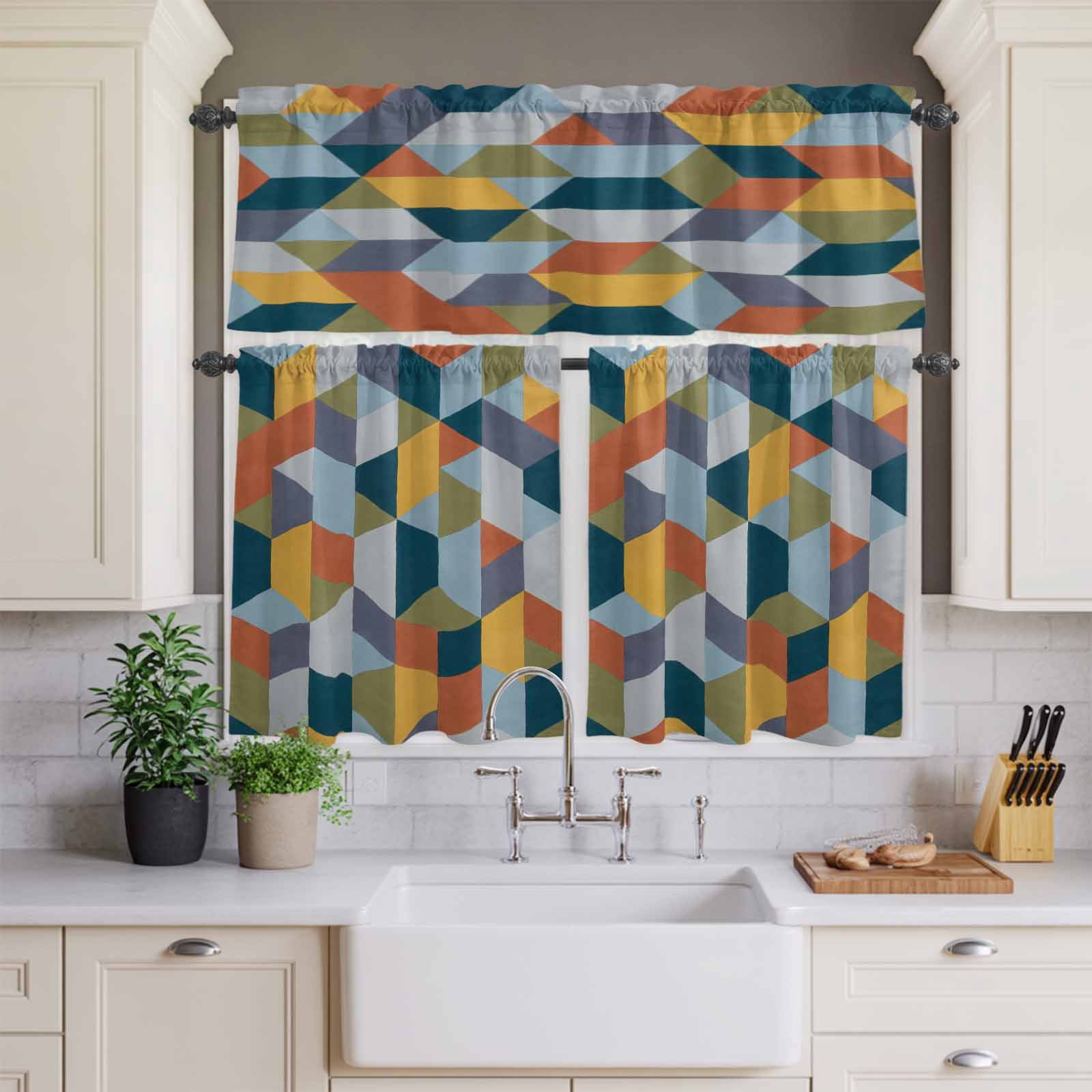 Abstract Geometric Color Block Curtain Tier and Valance Set 3 Piece ...