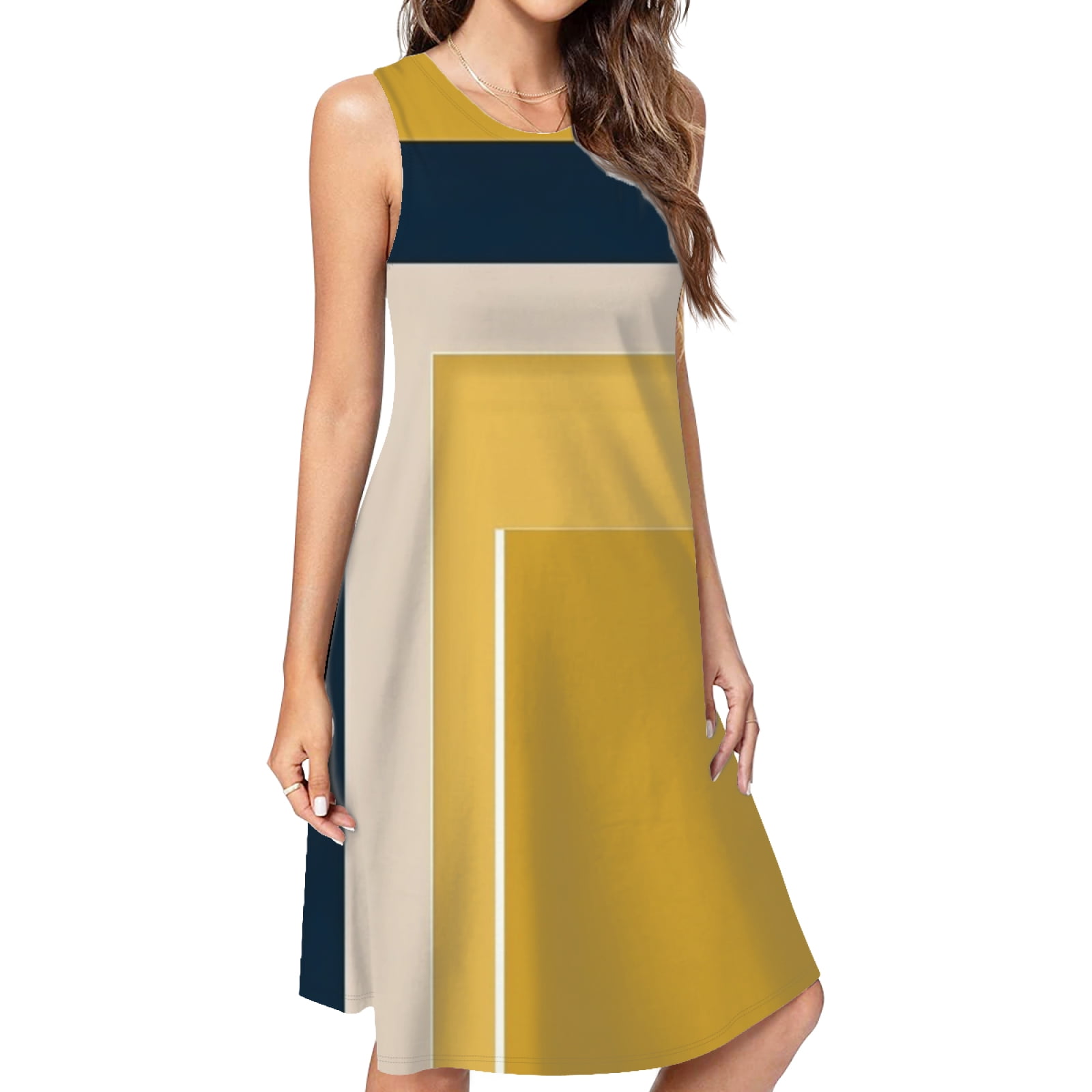 Abstract Geometric Color Block Design Casual Sleeveless Loose Sundress ...