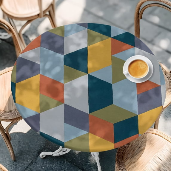 Abstract Geometric Color Block Round Fitted Tablecloth with Elastic ...