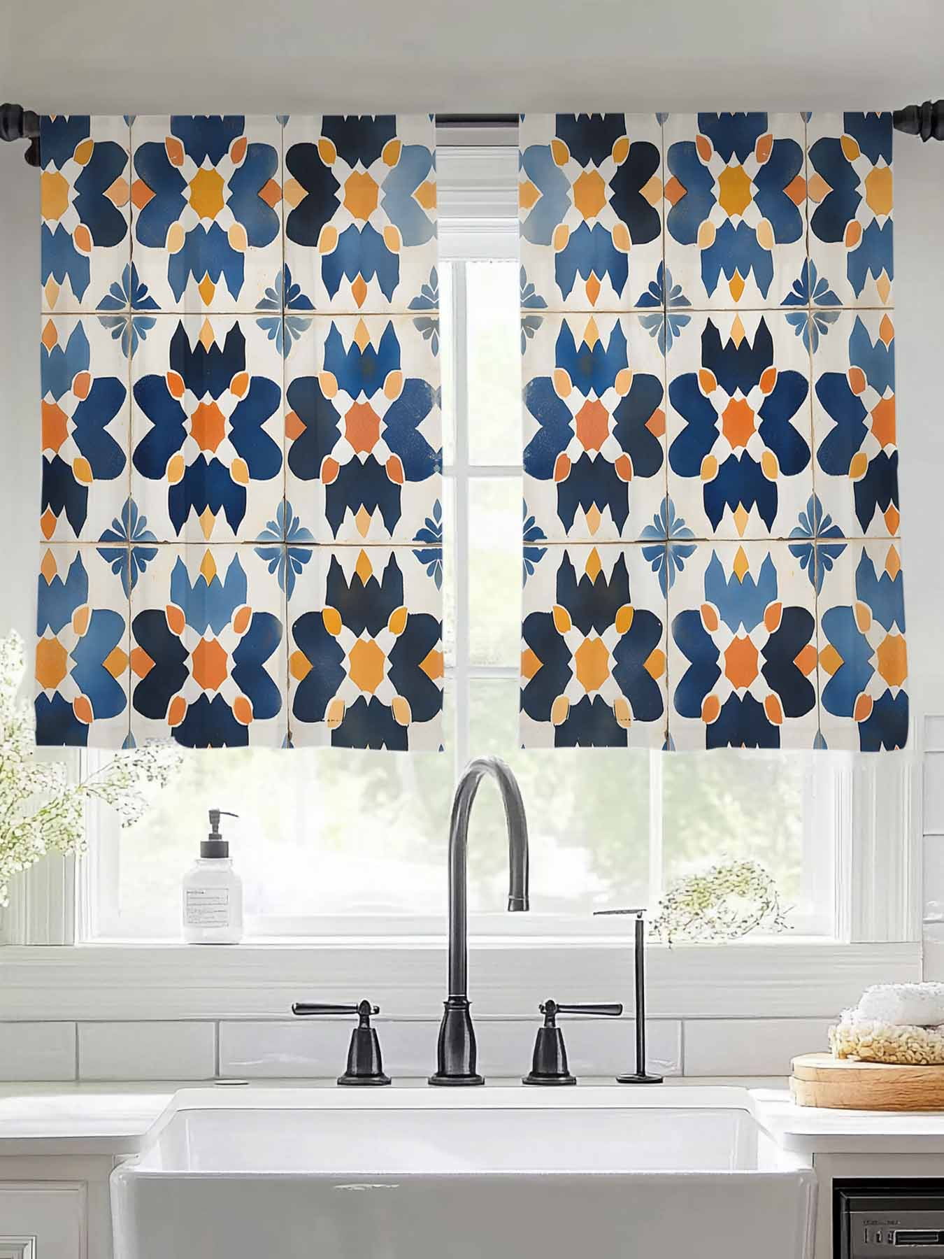 Abstract Geometric Color Block Sheer Curtains 54 Inches Long 2 Panels ...