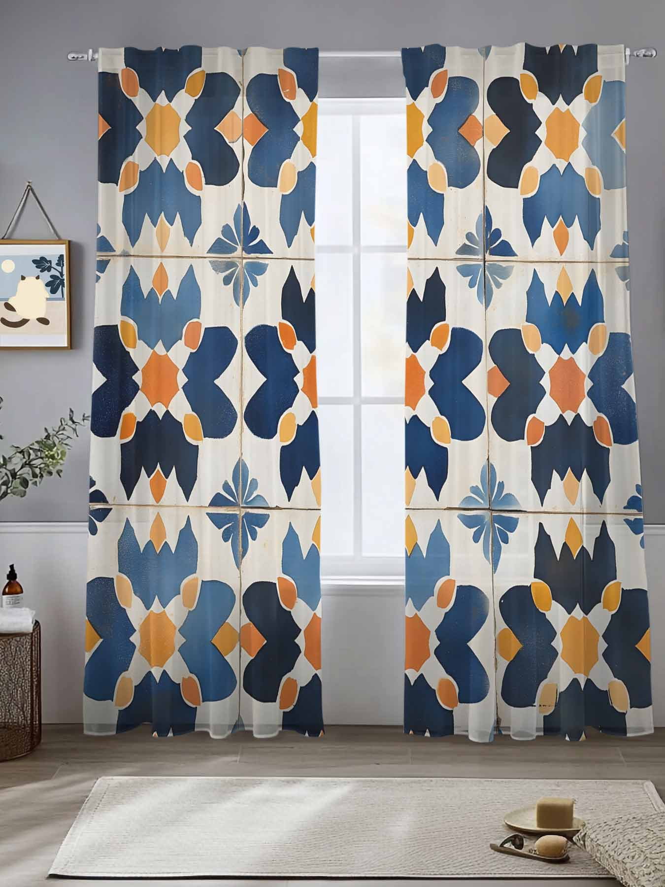Abstract Geometric Color Block Sheer Curtains 84 Inches Long 2 Panels ...