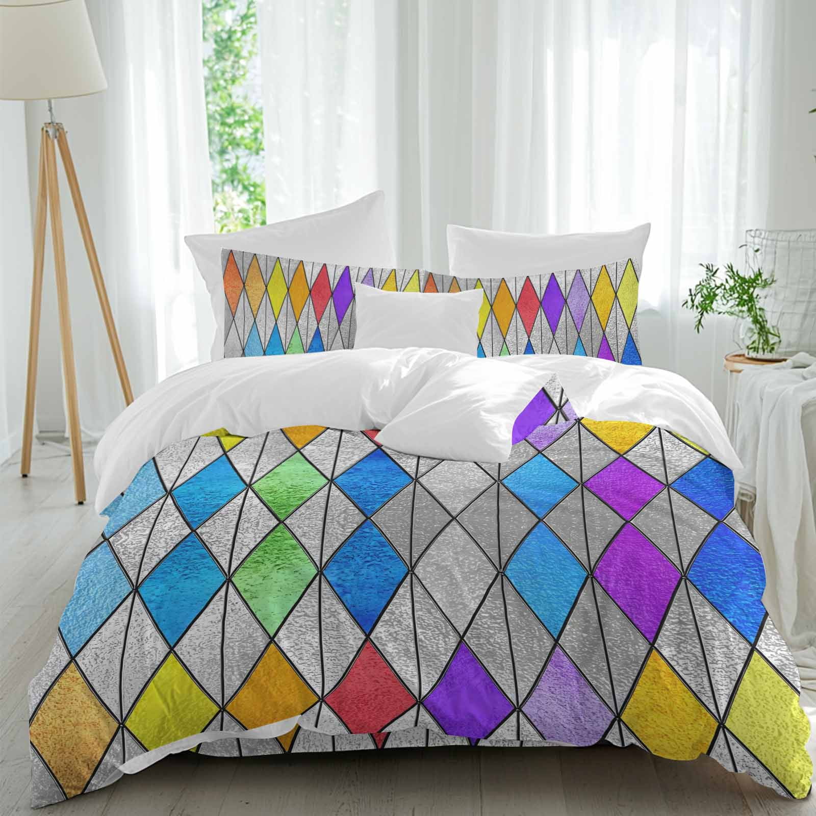 Abstract Geometric Comforter Set Queen Size, Modern Rainbow Argyle ...