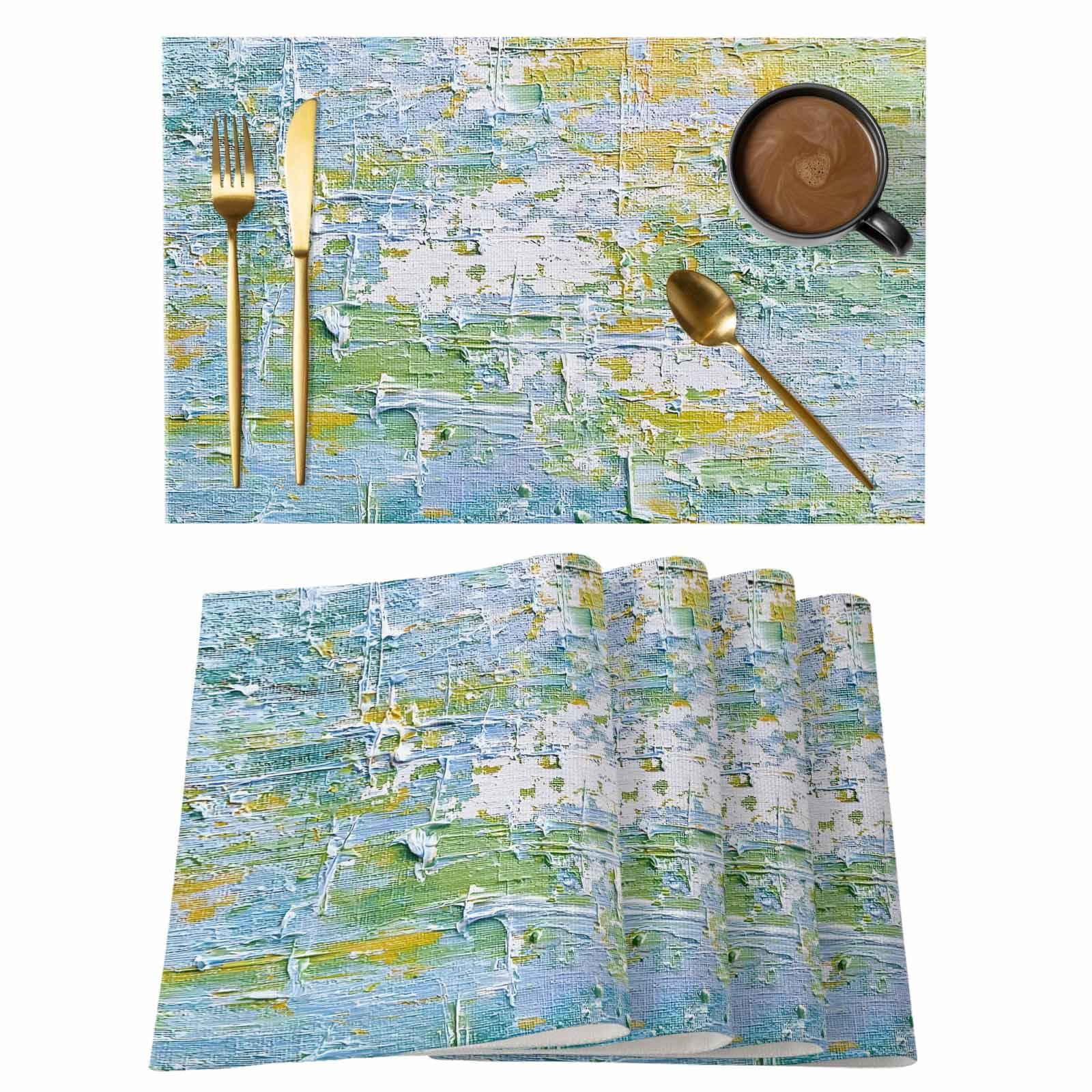 Abstract Geometric Cotton Linen Placemats Set of 2, Yellow Blue Green ...