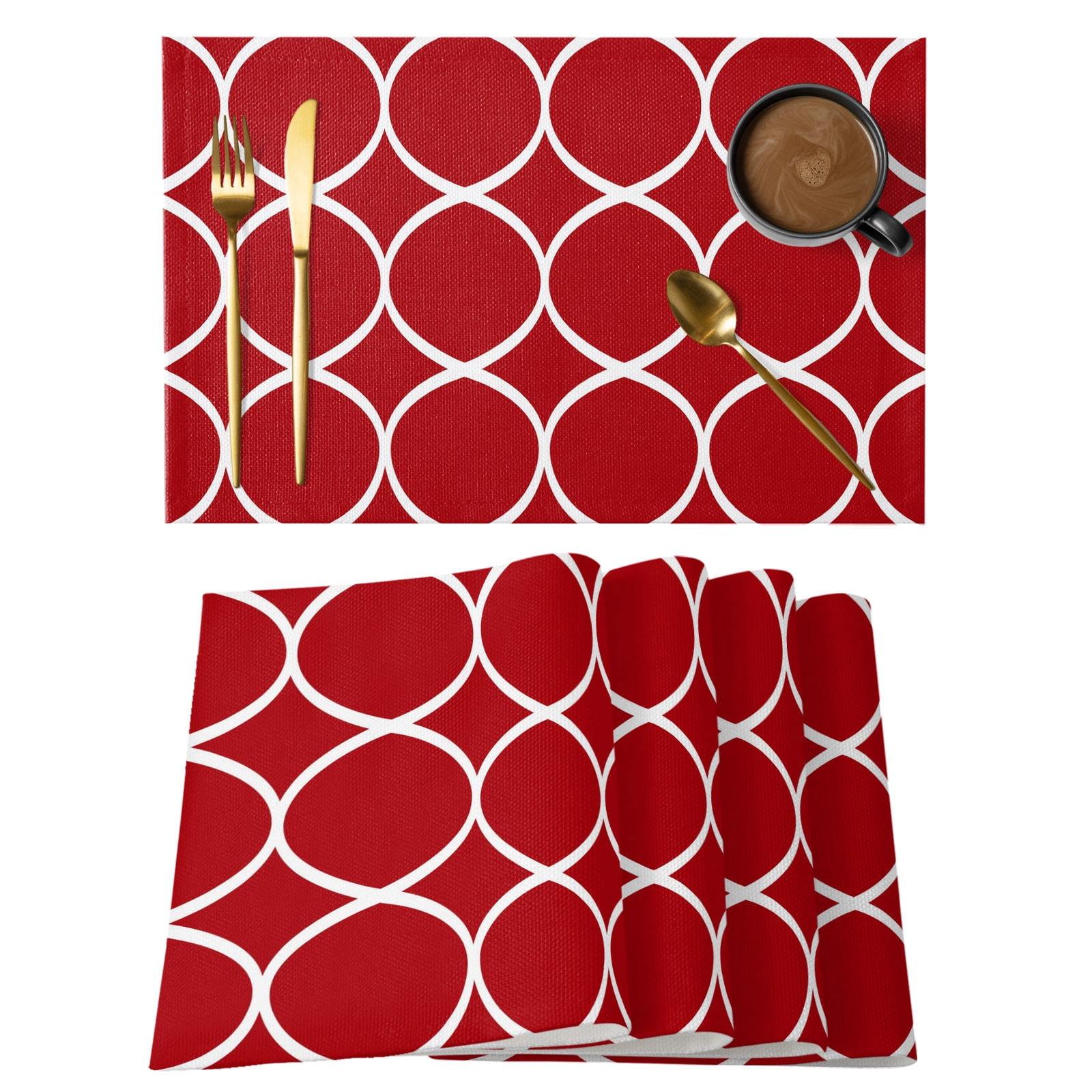 Abstract Geometric Cotton Linen Placemats Set of 6, White Twisted Lines ...