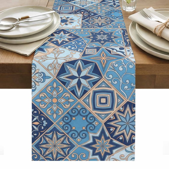 Abstract Geometric Cotton Linen Table Runner Blue Yellow Flower ...
