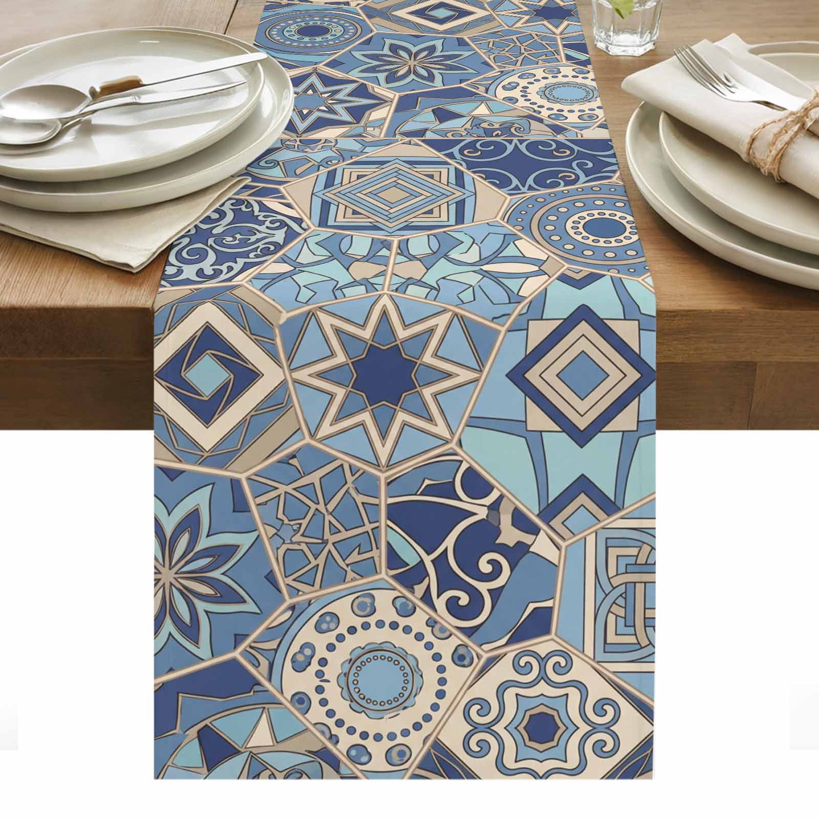 Abstract Geometric Cotton Linen Table Runner Blue Yellow Flower Polygon ...