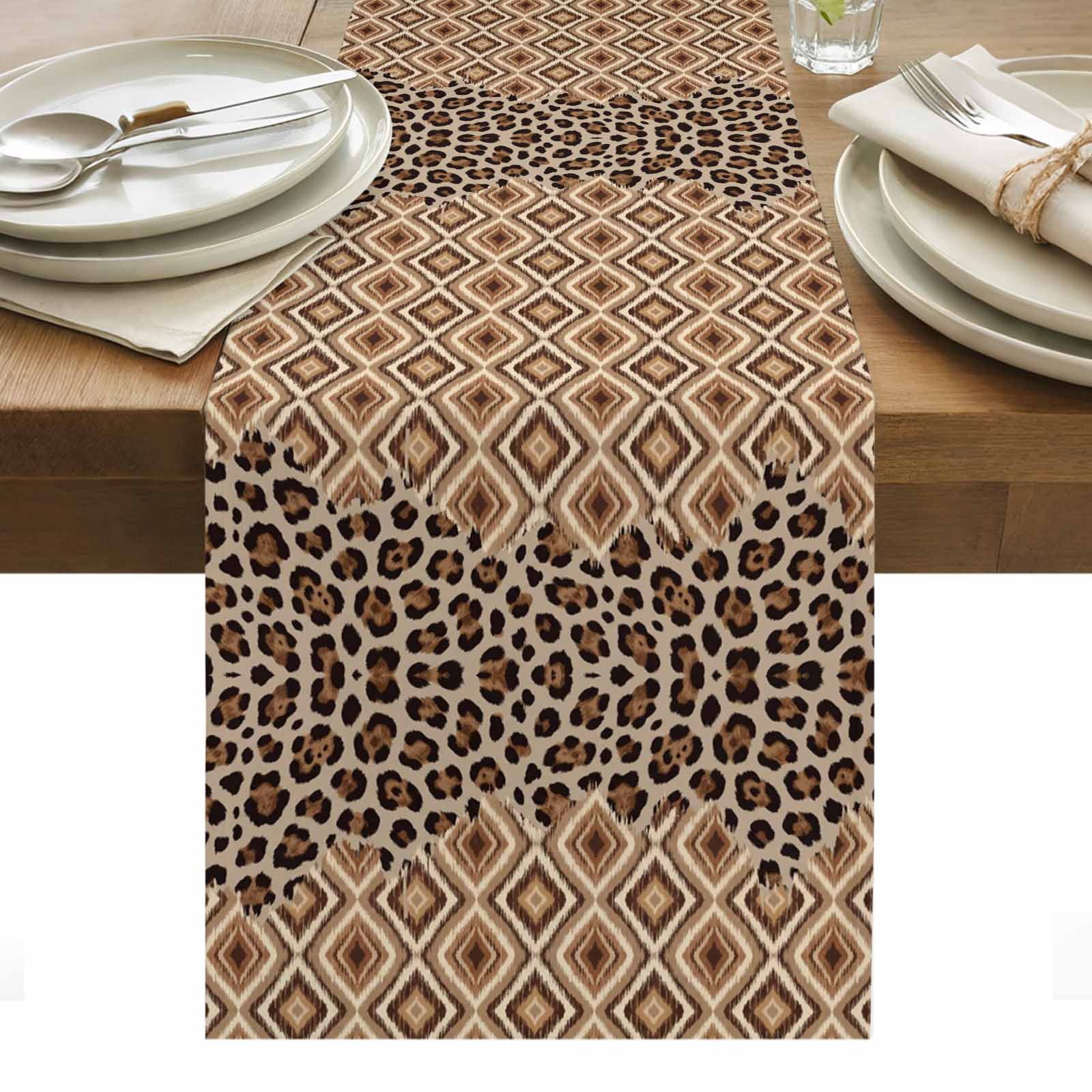 Abstract Geometric Cotton Linen Table Runner Brown Leopard Print ...